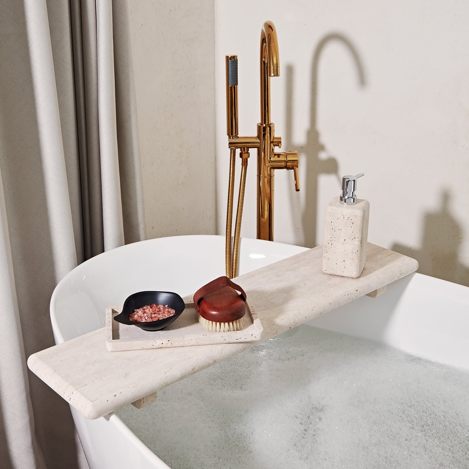 Organic Travertine Bath Caddy Tray- Sturdy White&Ivory Bathtub Tray of ...