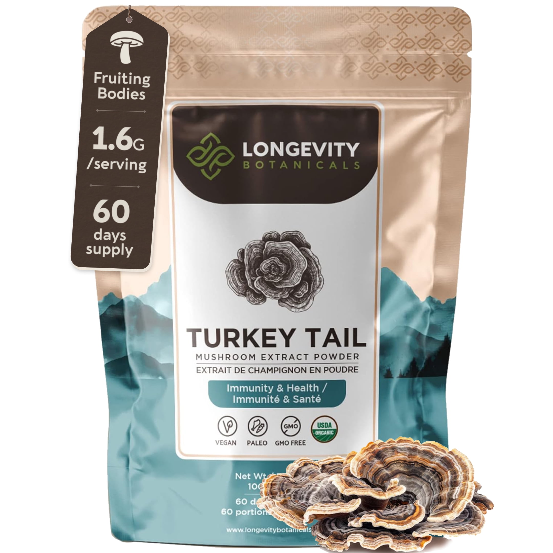 Longevity Botanicals Organic Turkey Tail Mushroom Powder, Vegan, 3.5 oz ...