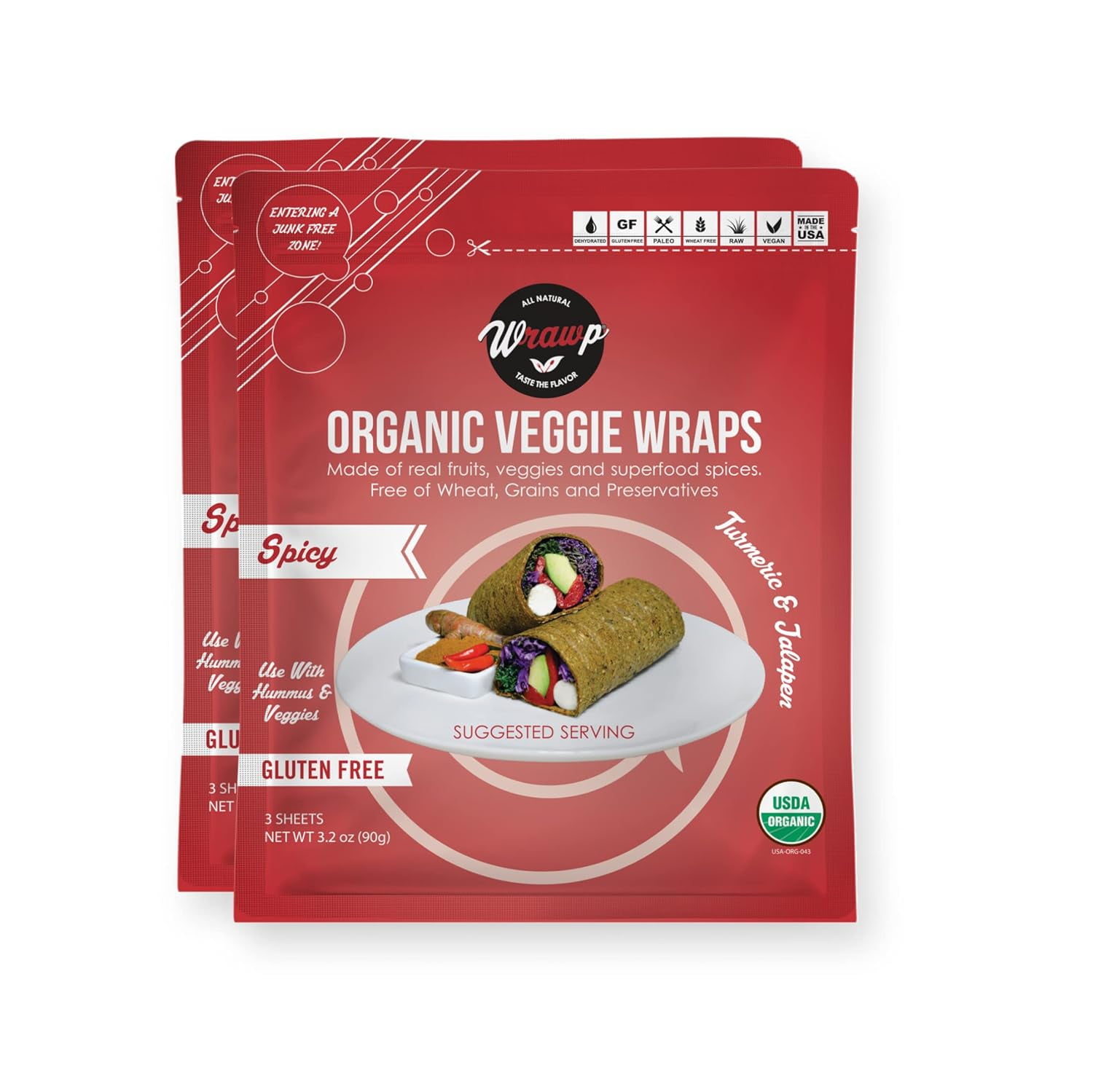Organic Veggie Wraps - SPICY (2 pack) SHELF STABLE, All Natural, Gluten ...