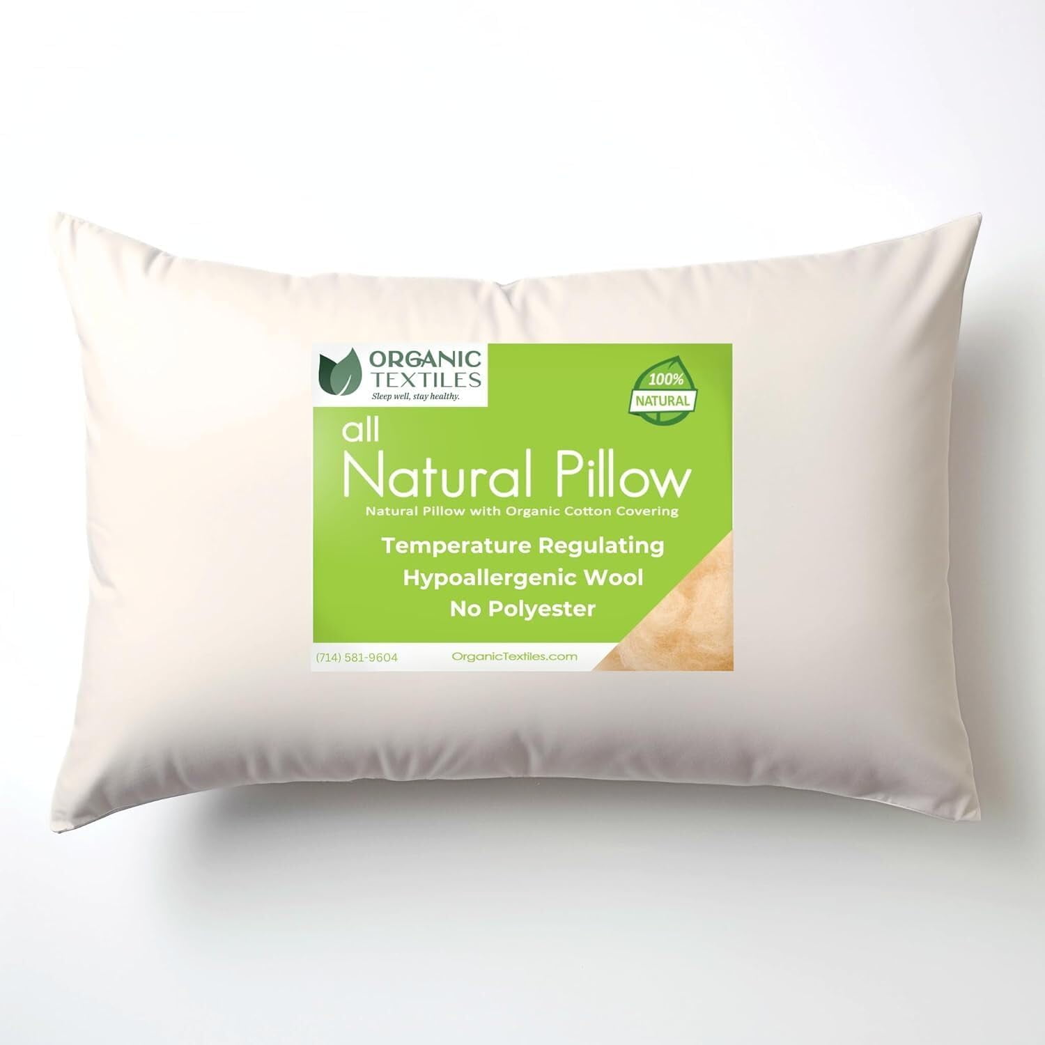 OrganicTextiles Australian Wool Pillow with Organic Cotton Cover (Queen Size) GOTS Certified ...