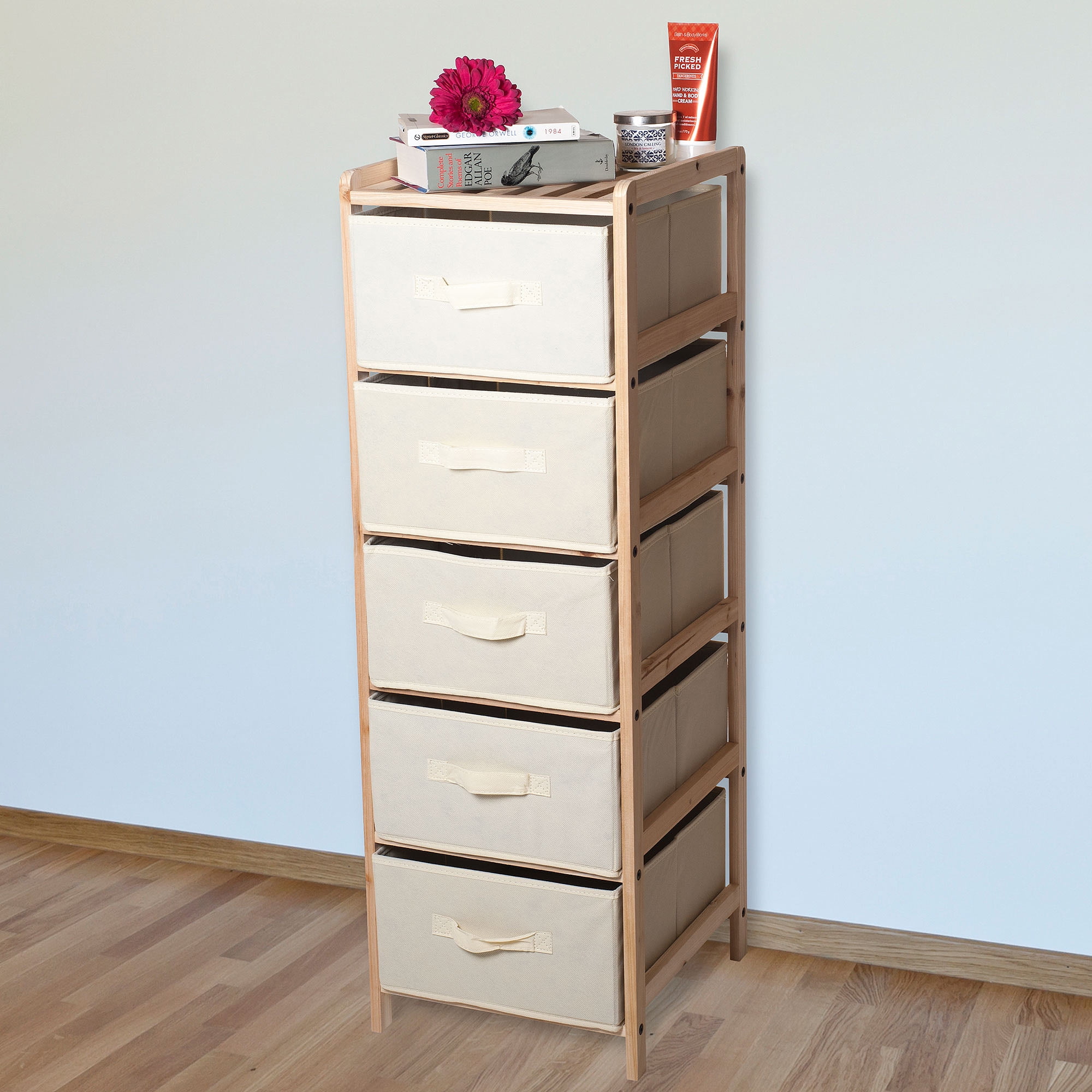 Organization Drawers with Natural Wood Shelf and Five Fabric Storage ...