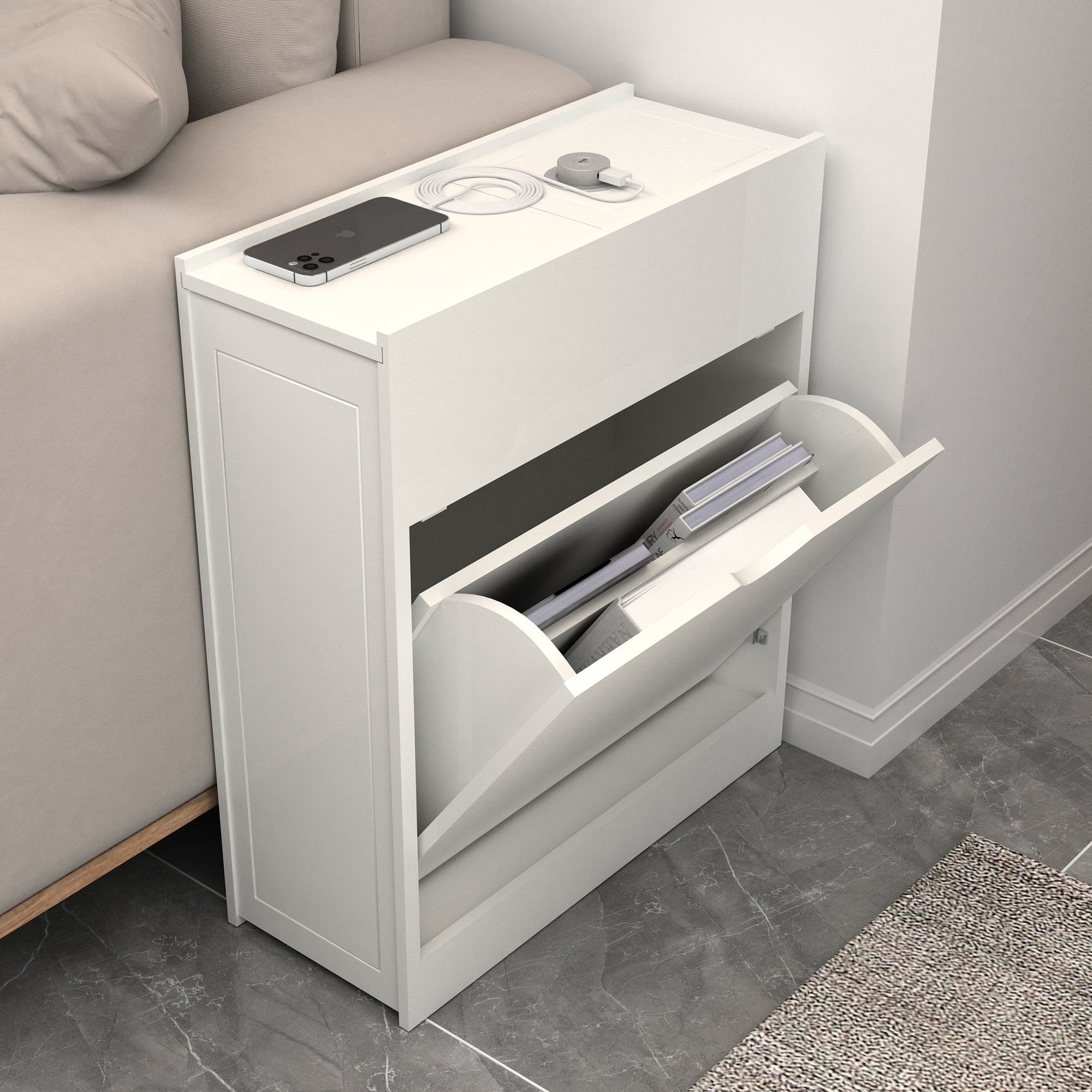 "Organizedlife White Narrow Bedside Table with USB Charging Station and ...