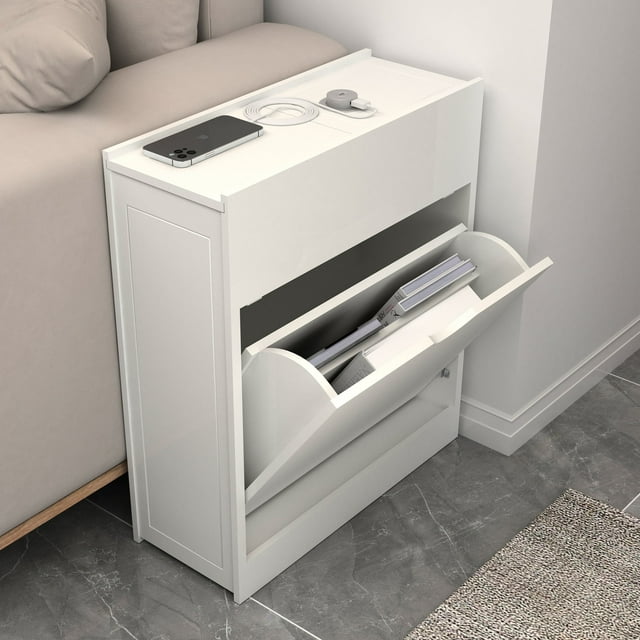 "Organizedlife White Narrow Bedside Table with USB Charging Station and ...