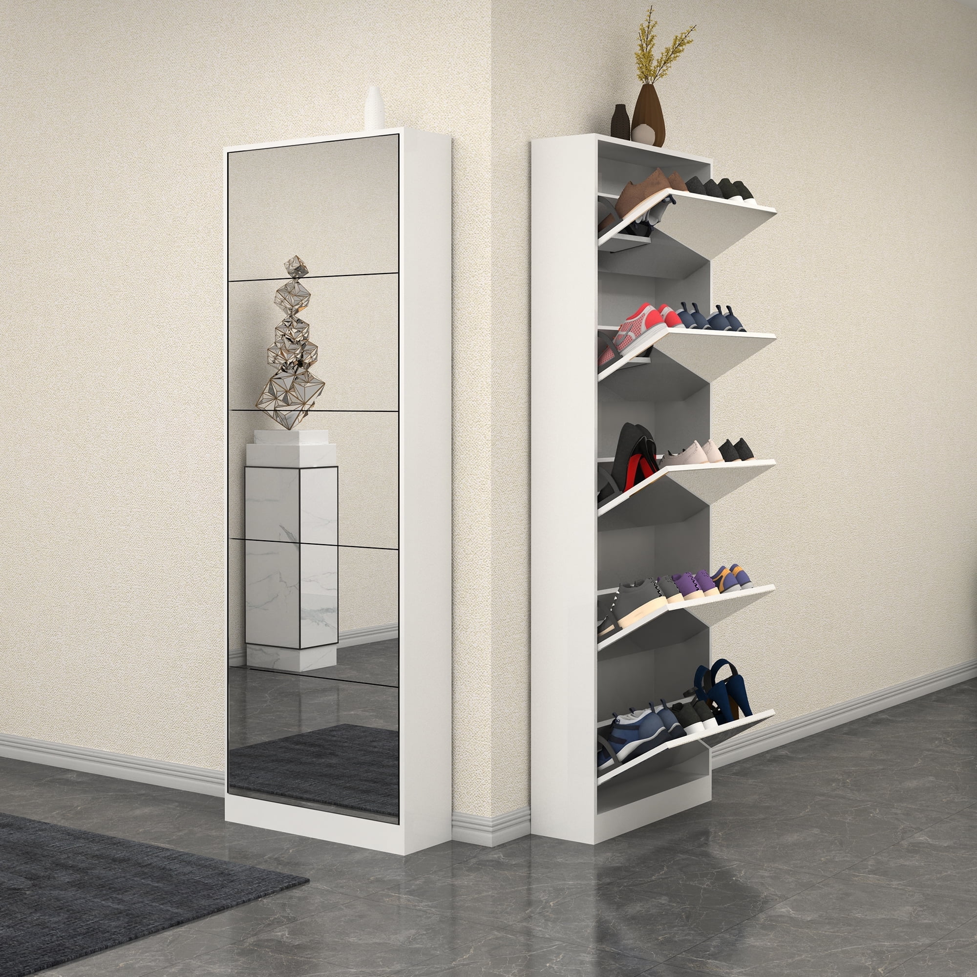 Organizedlife Modern Large Shoe Storage Cabinet with Mirror, Enclosed ...