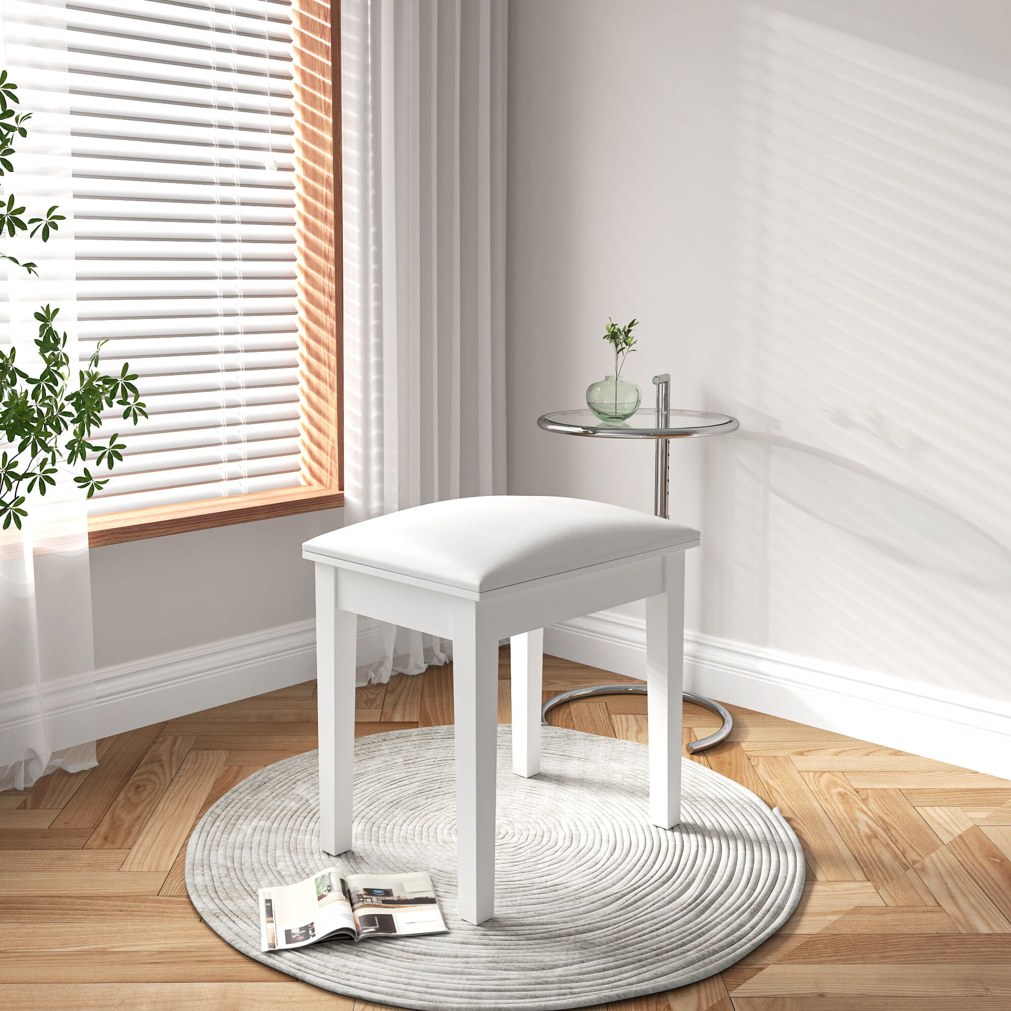 Organizedlife Vanity Stool, Upholstered Seat, Solid Legs, White, 16 ...