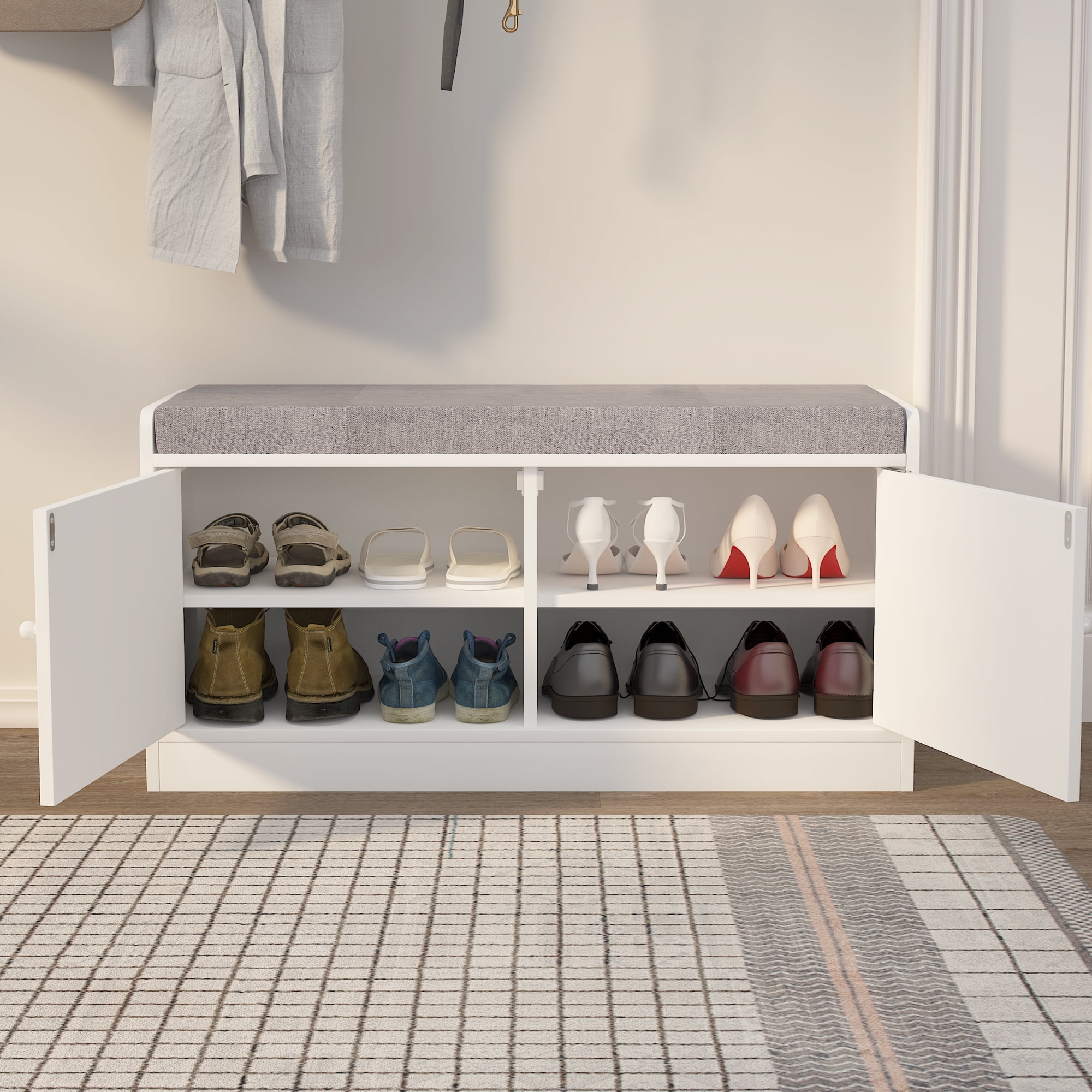 Organizedlife Sturdy Shoe Bench with Padded Cushion and 2-Tier Storage ...