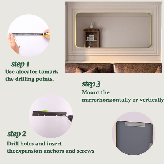 Organnice Rectangular Aluminum Framed Modern Rounded Wall Mount Mirror ...