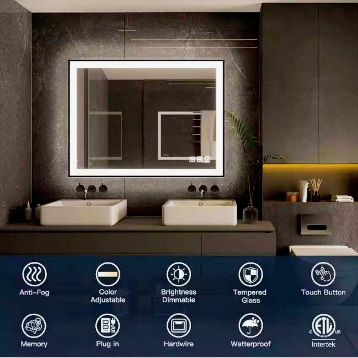 Organnice Rectangular Framed LED Anti-Fog Bathroom Wall Mirror in Black ...
