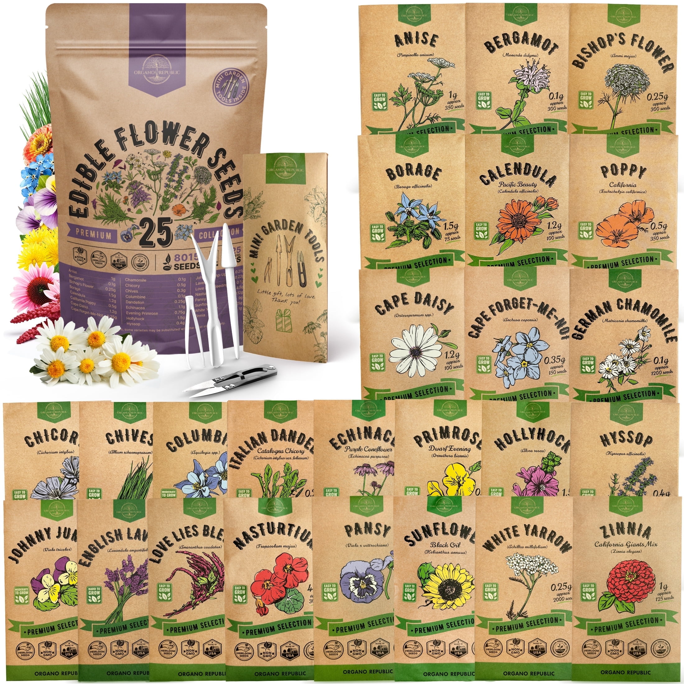 Organo Republic - 25 Edible Flower Seeds Varieties - 8,000+ Non GMO ...