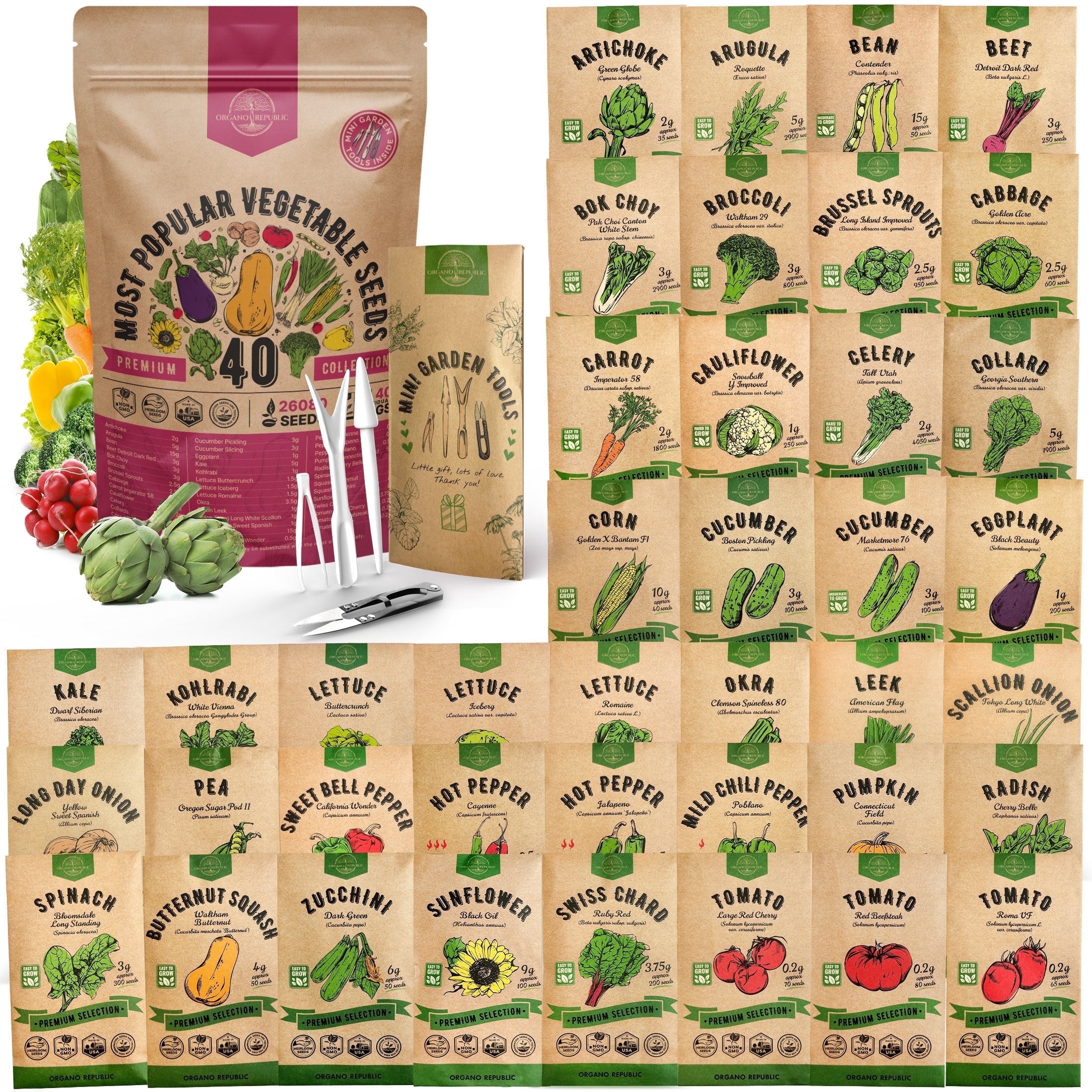 Organo Republic - 40 Vegetable Seeds Varieties - 26,000+ Non GMO ...