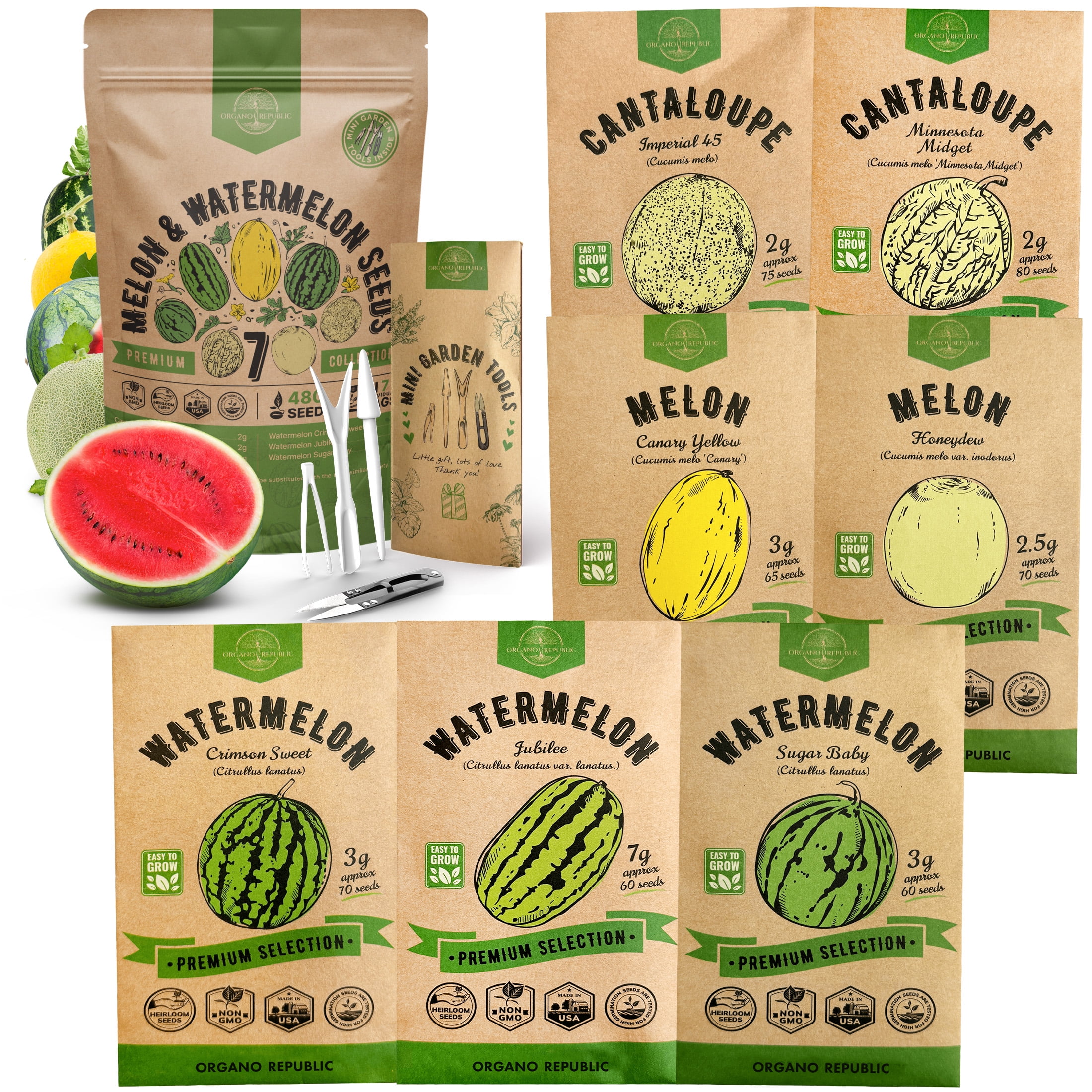 7 Variety Non-GMO Heirloom Melon & Watermelon Seeds Pack, 420+ Seeds ...