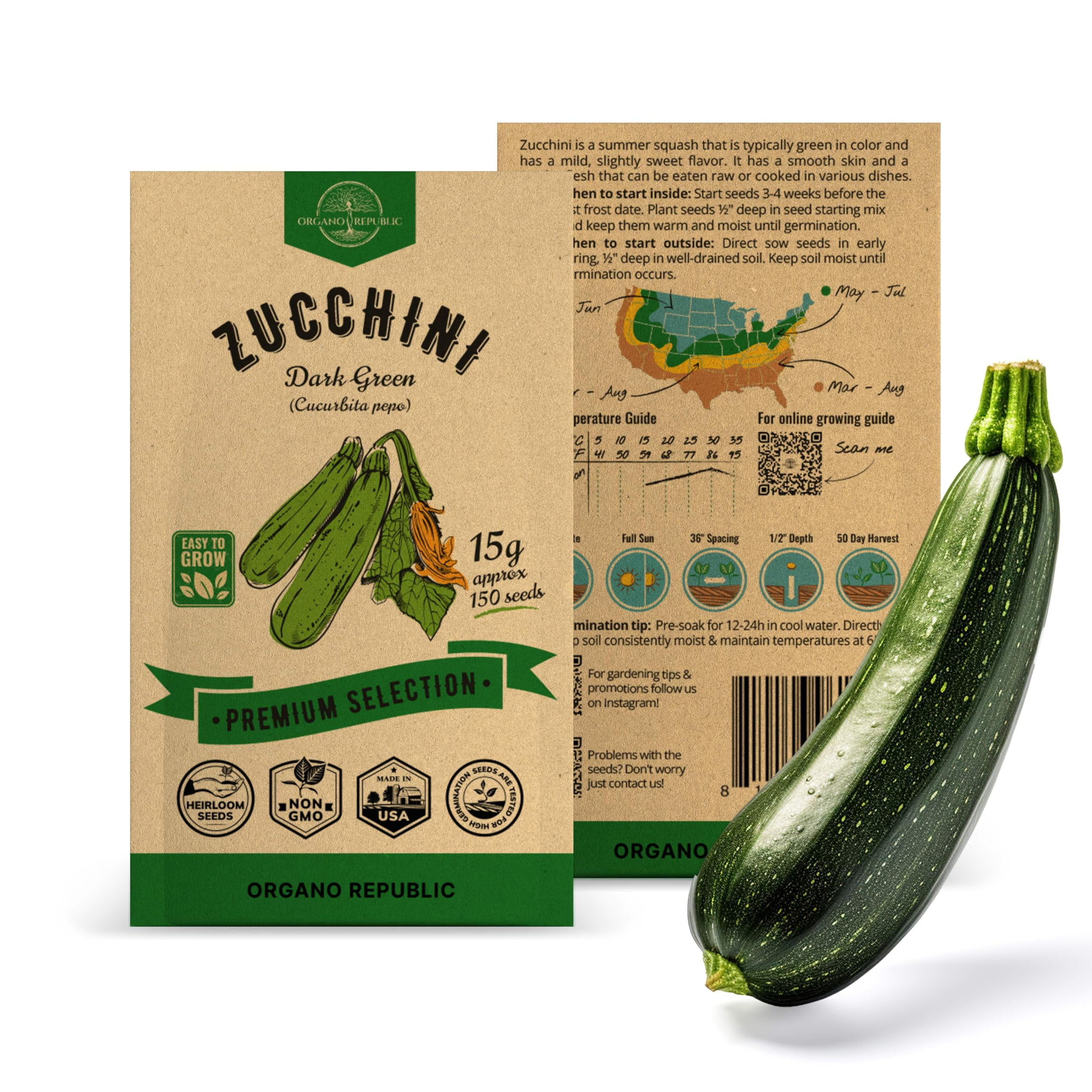 Organo Republic Dark TWE5 Green Zucchini Seeds Pack 15 Non-GMO Heirloom ...