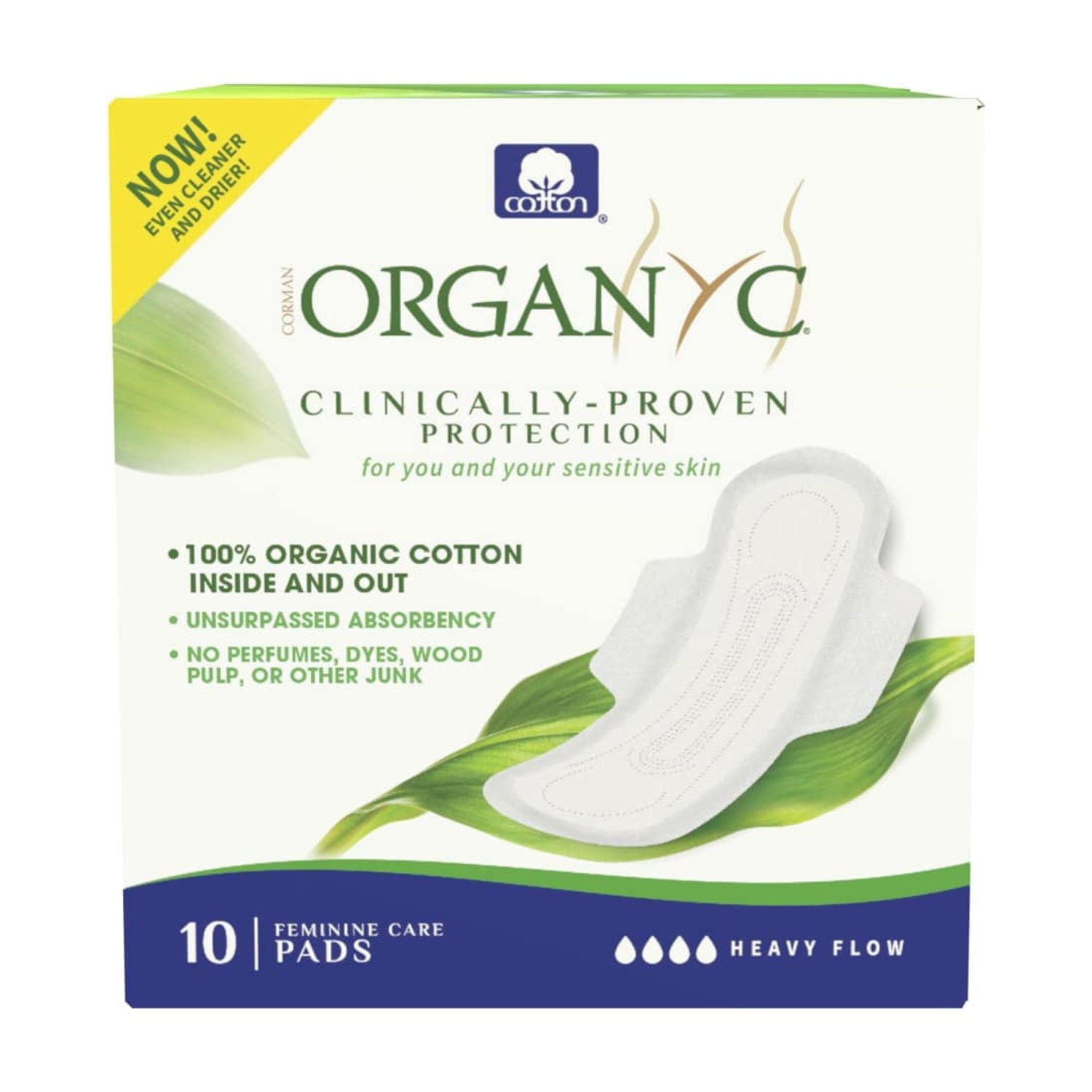 Organyc 100% Certified Organic Cotton Feminine Pads, Heavy Flow, 10 ...