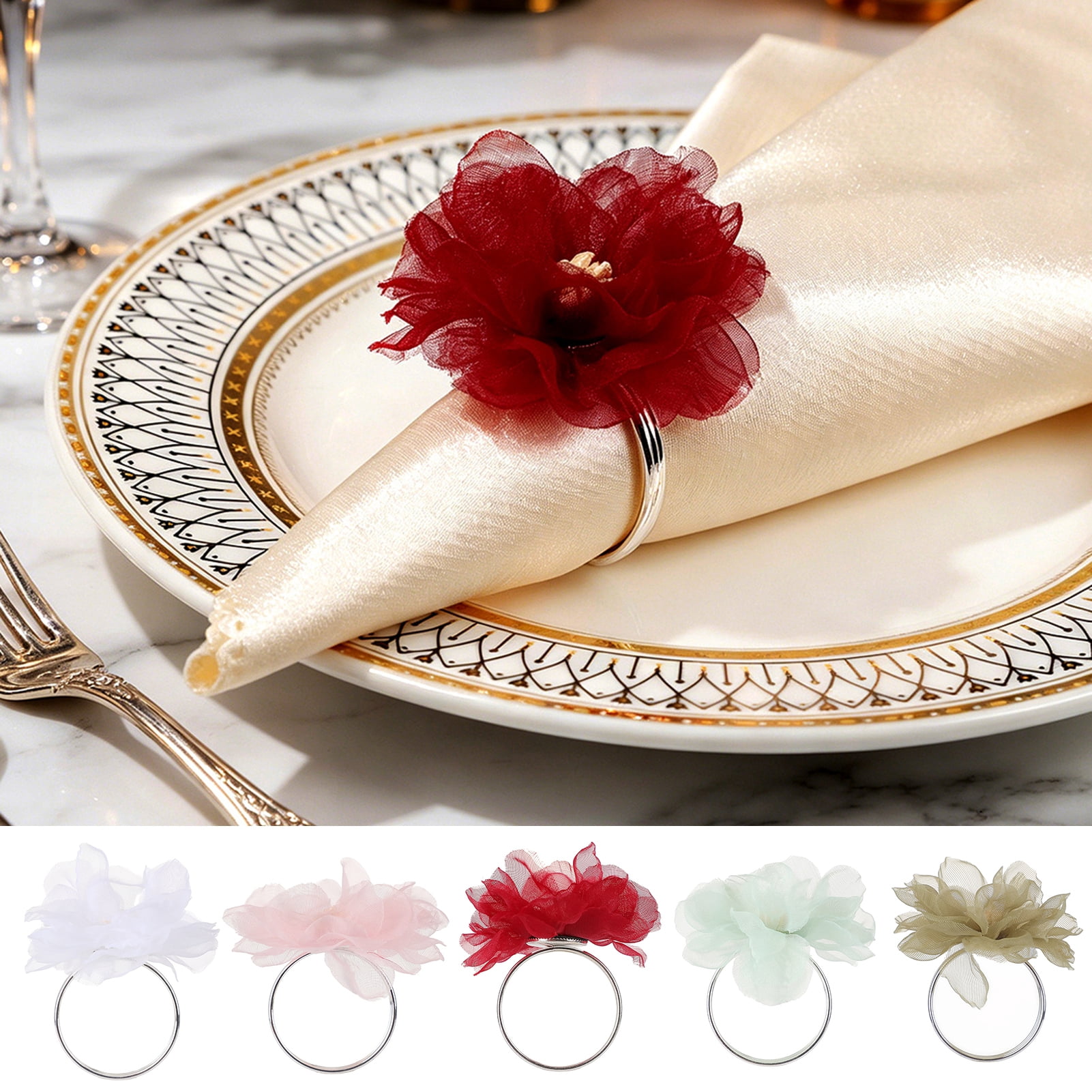 Organza Flower Napkin Ring, Metal Ring Napkin Holder, Elegant Napkin ...
