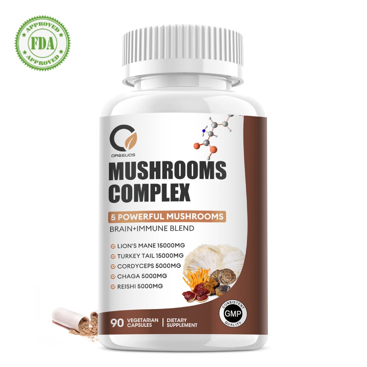 Orgeuos Mushroom Complex Supplement - 90 Capsules - 5 Powerful ...