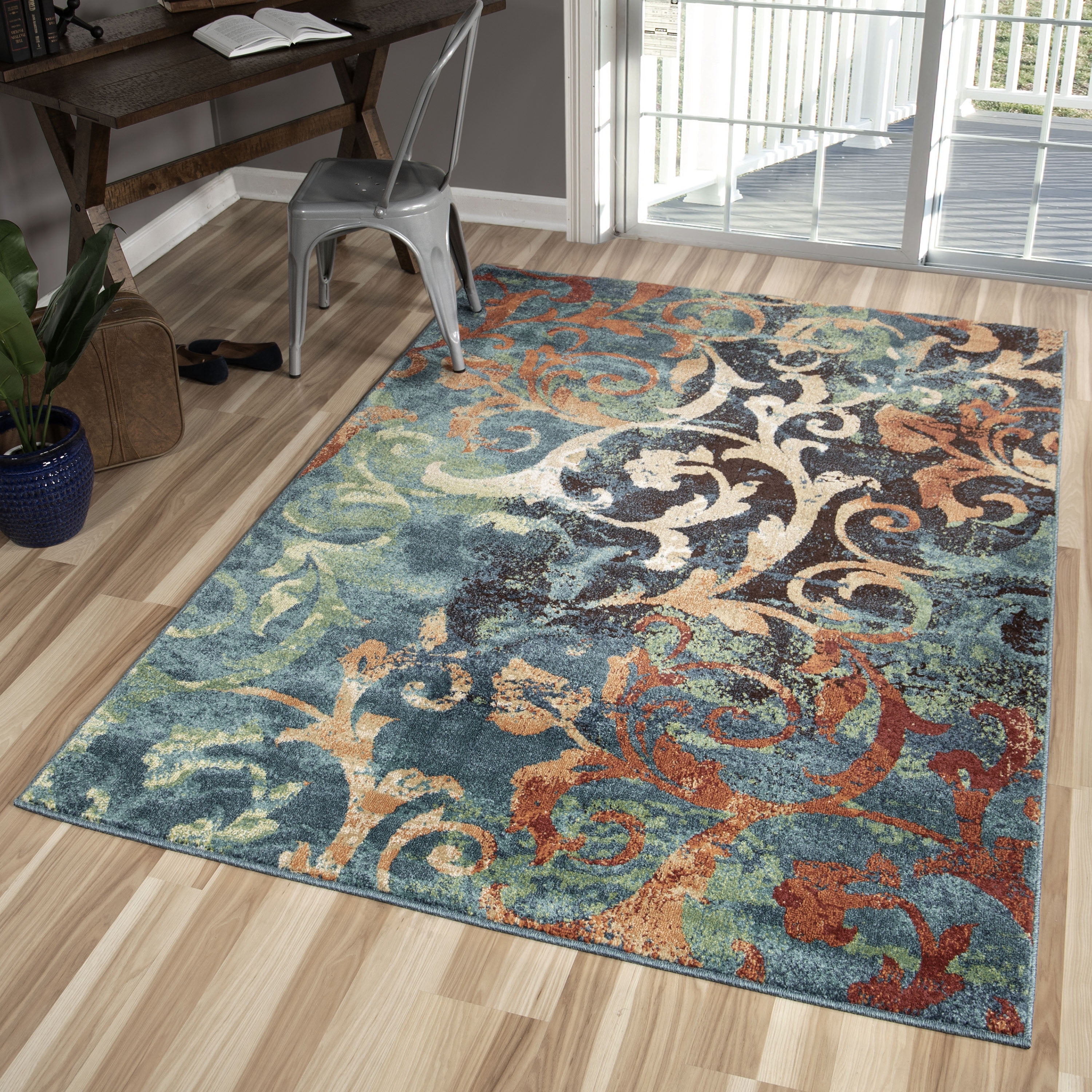 ORIAN Watercolor Scroll Area Rug Multi-Colored Teal Orange Coral Olefin ...