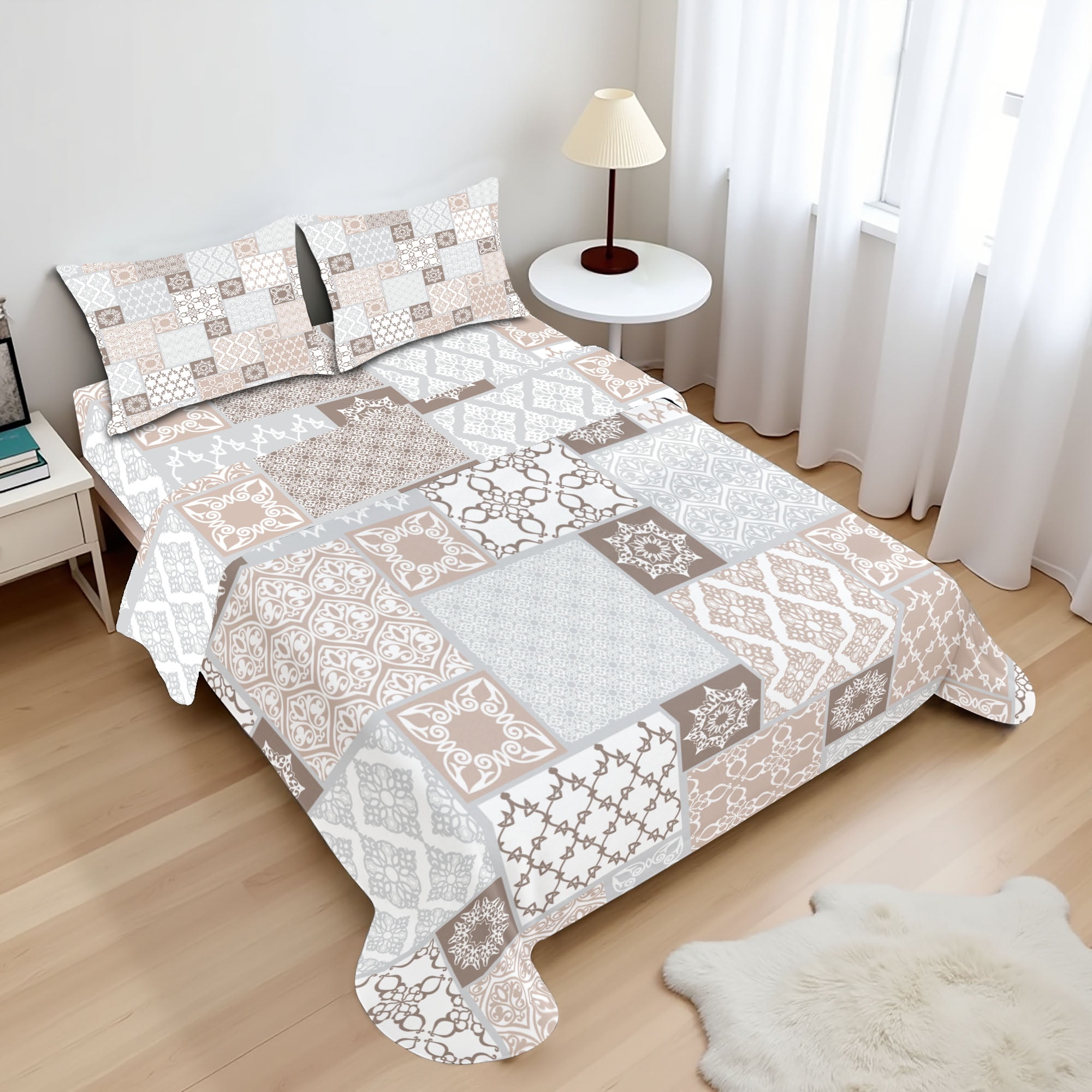 Orient Sheet Set, Oriental Motif Pastel Patchwork Pattern Filigree Ornaments Illustration ...