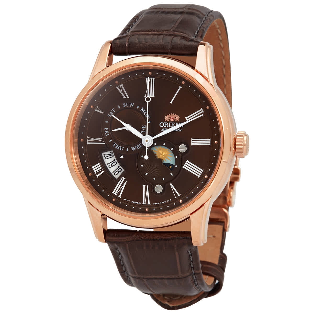 Orient Sun & Moon Men's Watch, Automatic, Rose Gold Case, Brown Band ...
