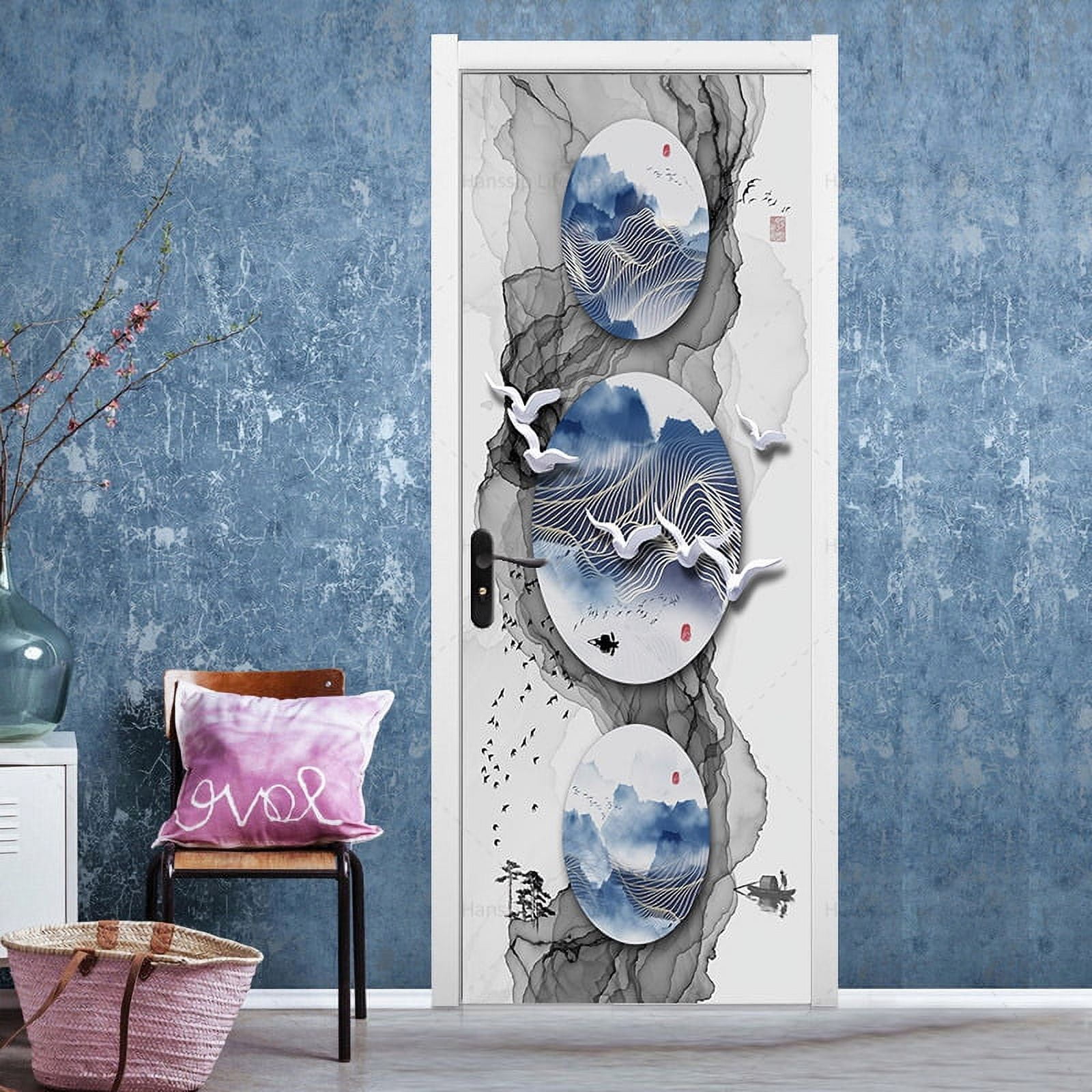 Oriental 3D Door Stickers Self Adhesive Peacock Lotus Ink Painting Art ...