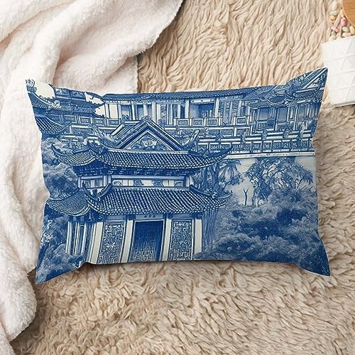 Oriental Ancient Pagoda China Garden Farmhouse Throw Pillows Aqua Teal