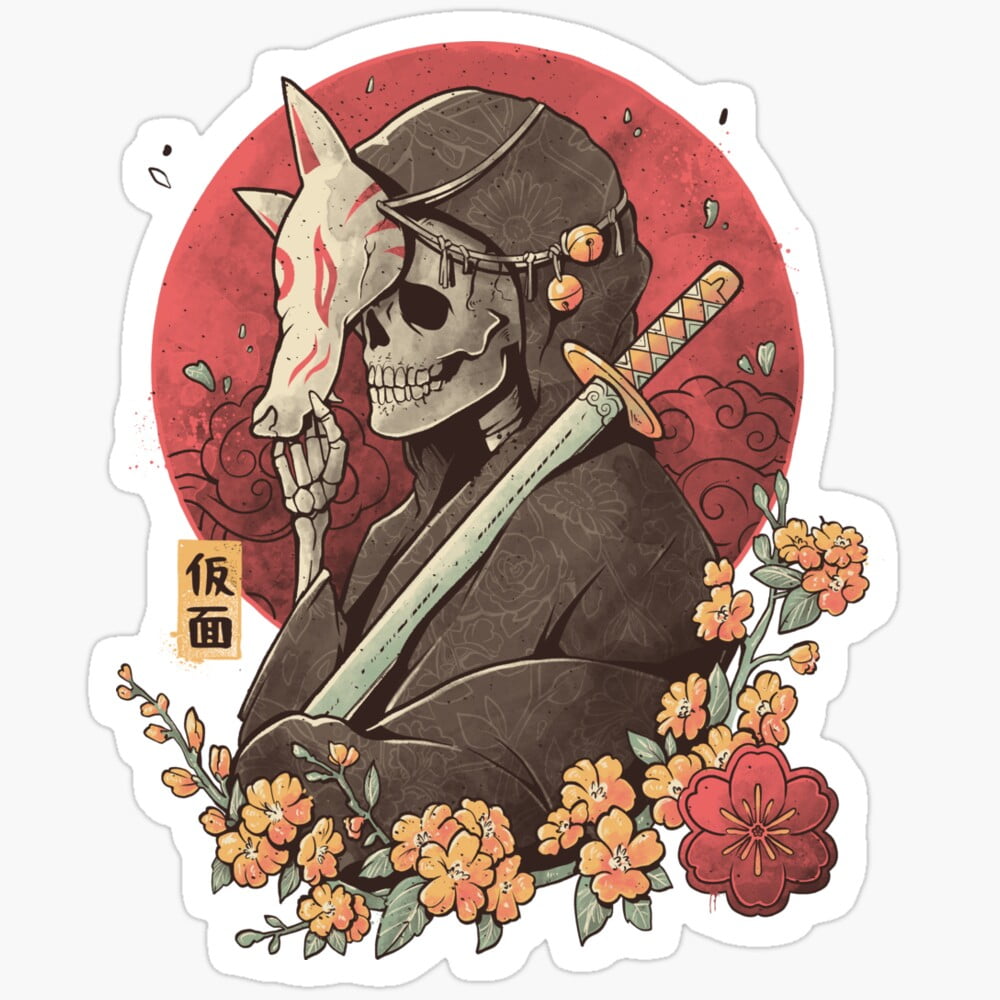 Oriental Death - Skull Sword Flowers Gift Sticker Phone Decal Water ...