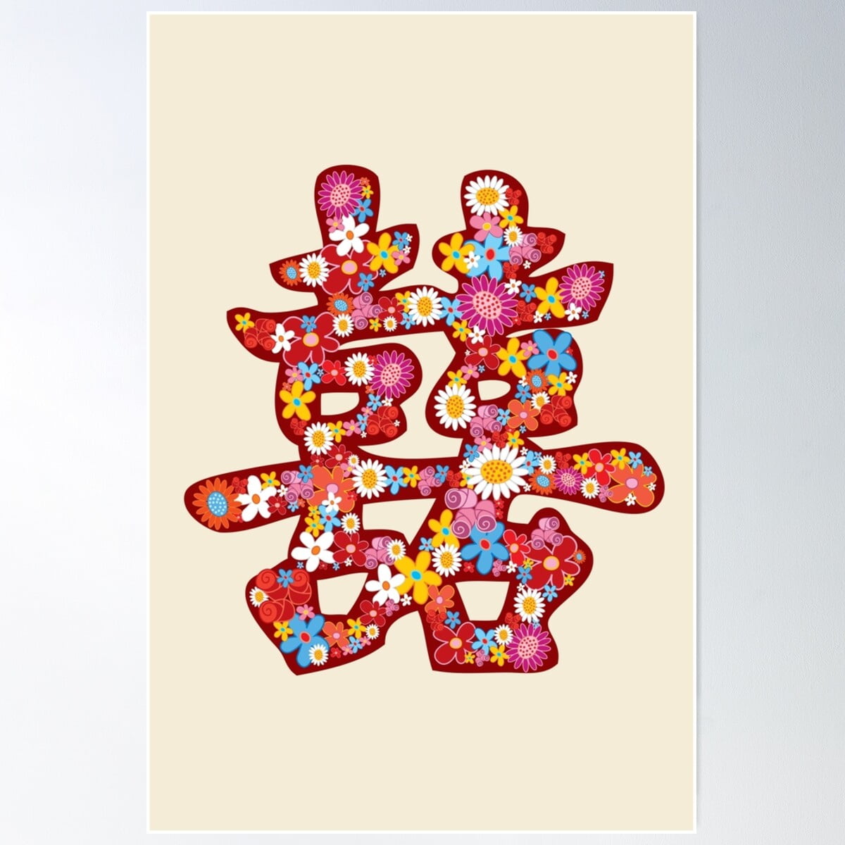 Oriental Double Happiness Spring Flowers In Red, A Traditional And ...