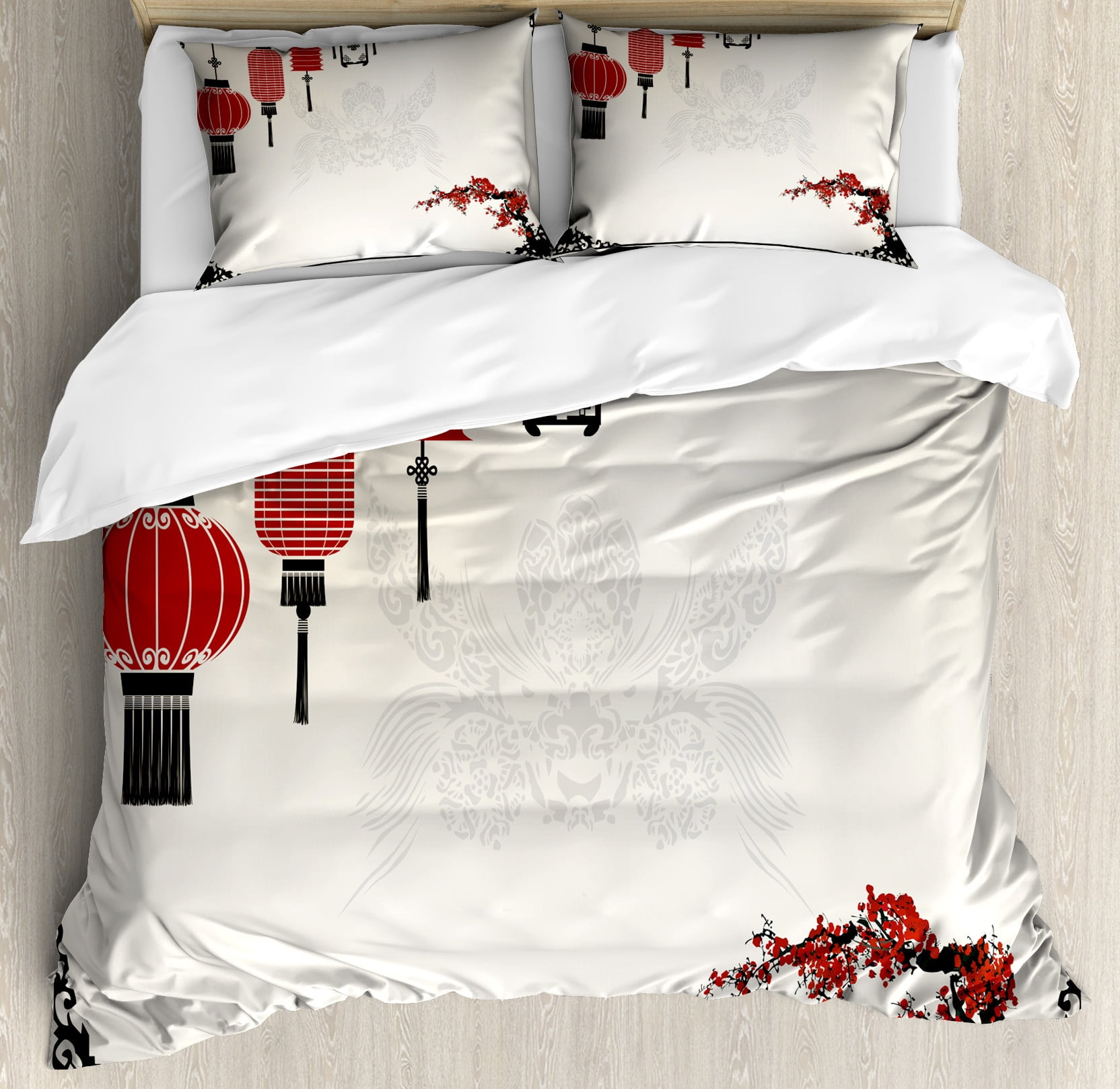 Oriental Duvet Cover Set, Minimalist Chinese New Year Themed Pattern ...