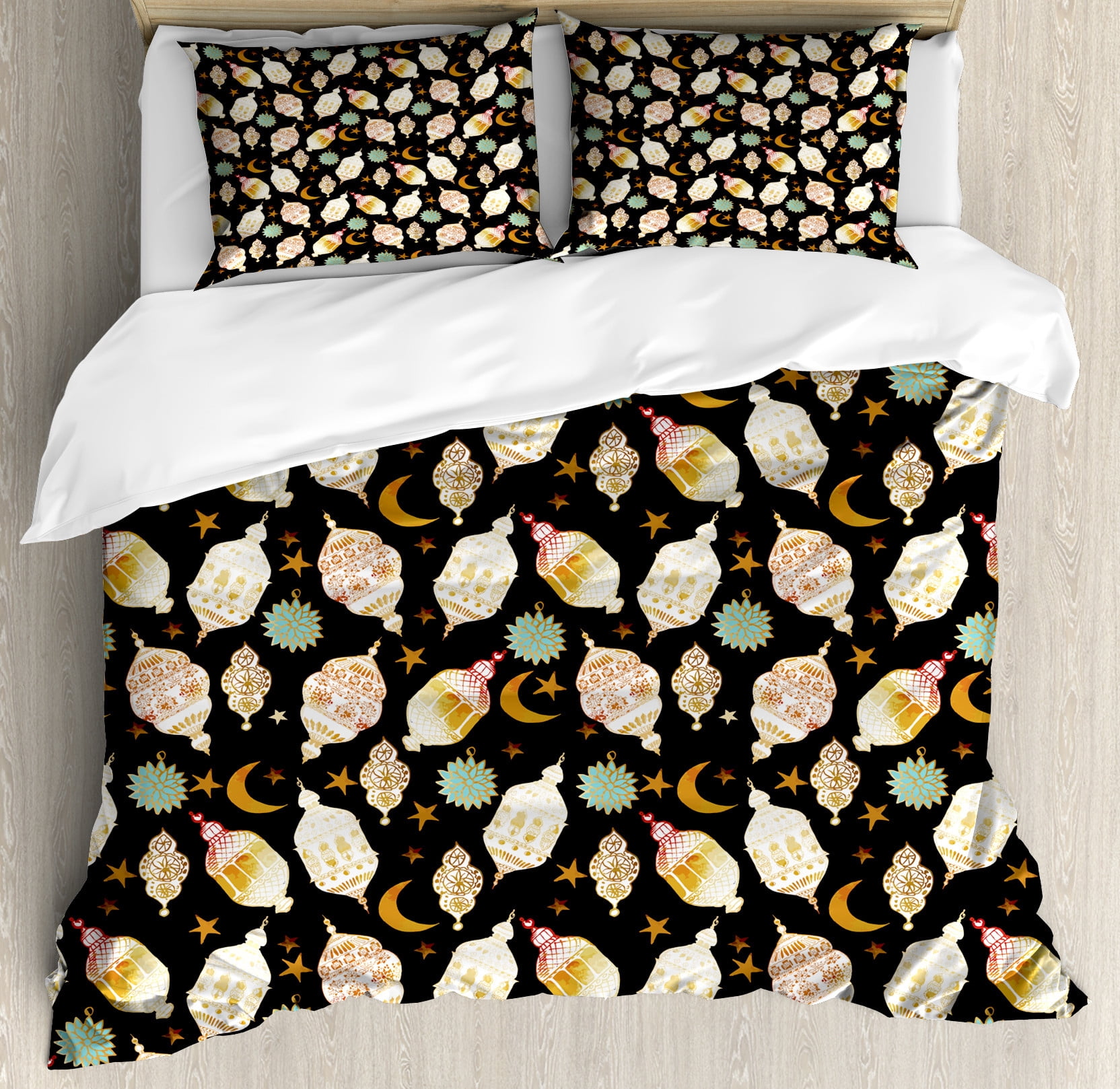 Oriental Duvet Cover Set, Traditional Look Stars Flowers and Moon ...