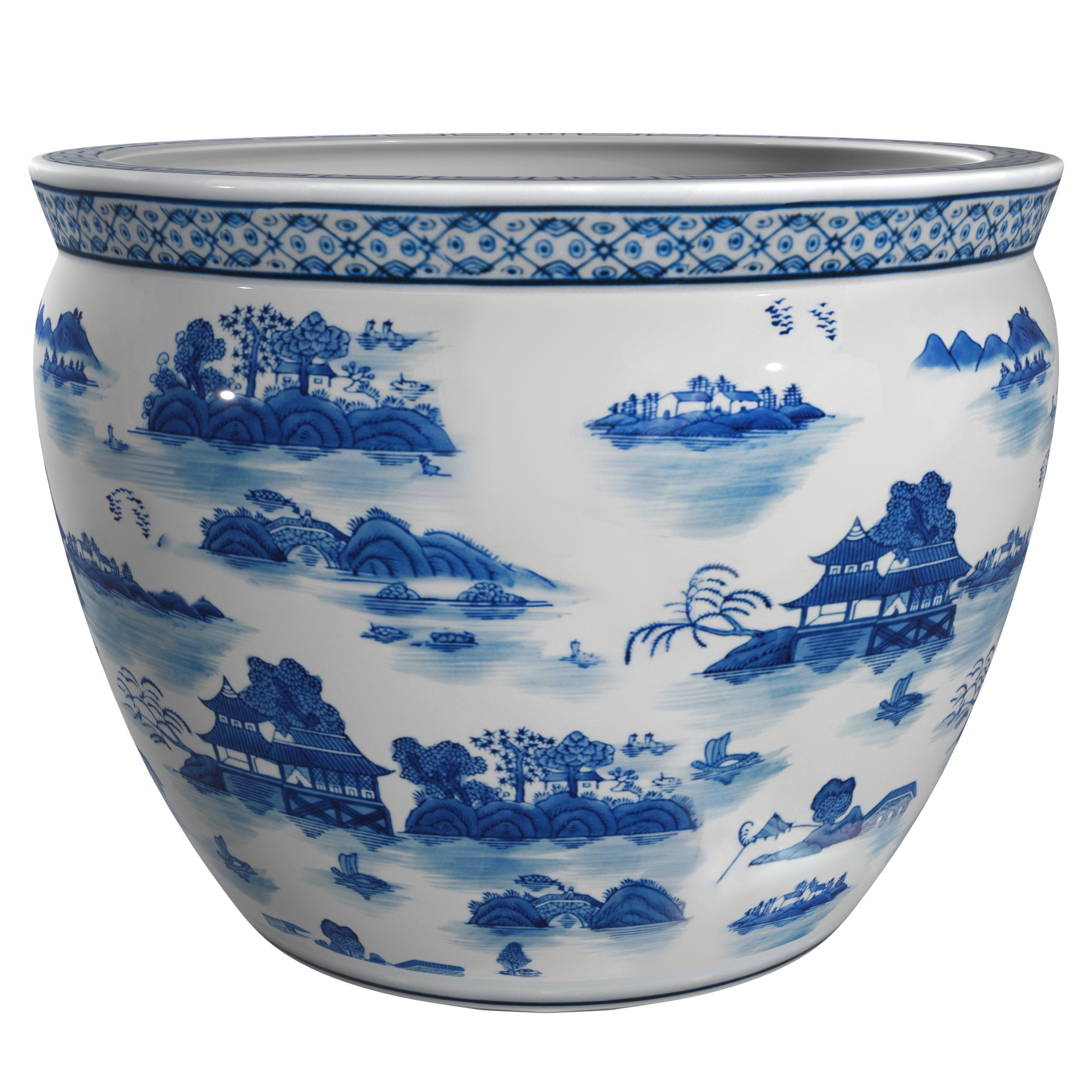 Red Lantern 12" Landscape Blue & White Porcelain Fishbowl Planter ...
