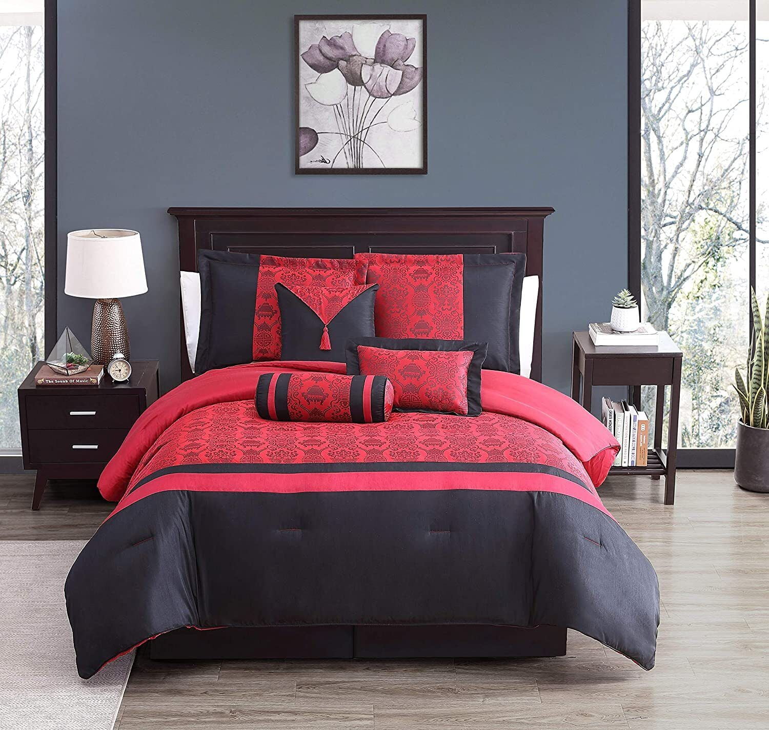 Oriental Inspired 7-Piece Black Red Jacquard Comforter Set - Walmart.com