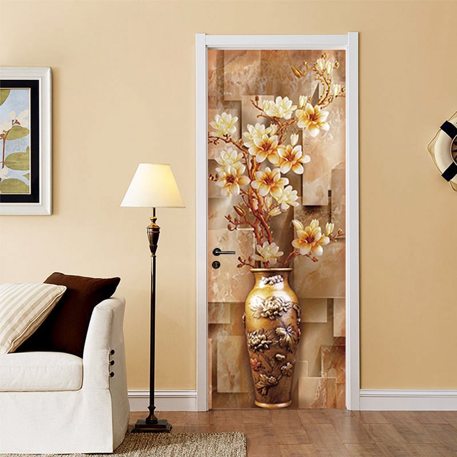 Oriental New Chinese Door Sticker Golden Vase Flowers Printed Wallpaper ...