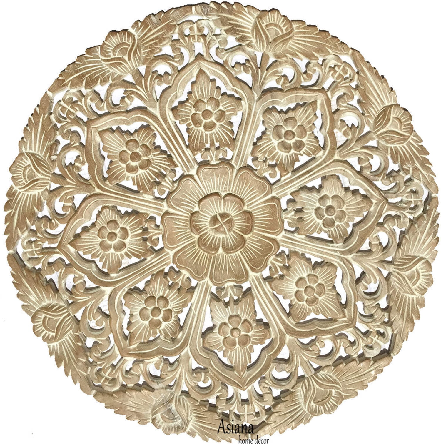 Oriental Round Carved Wood Wall Decor Lotus flower. Decorative Floral ...