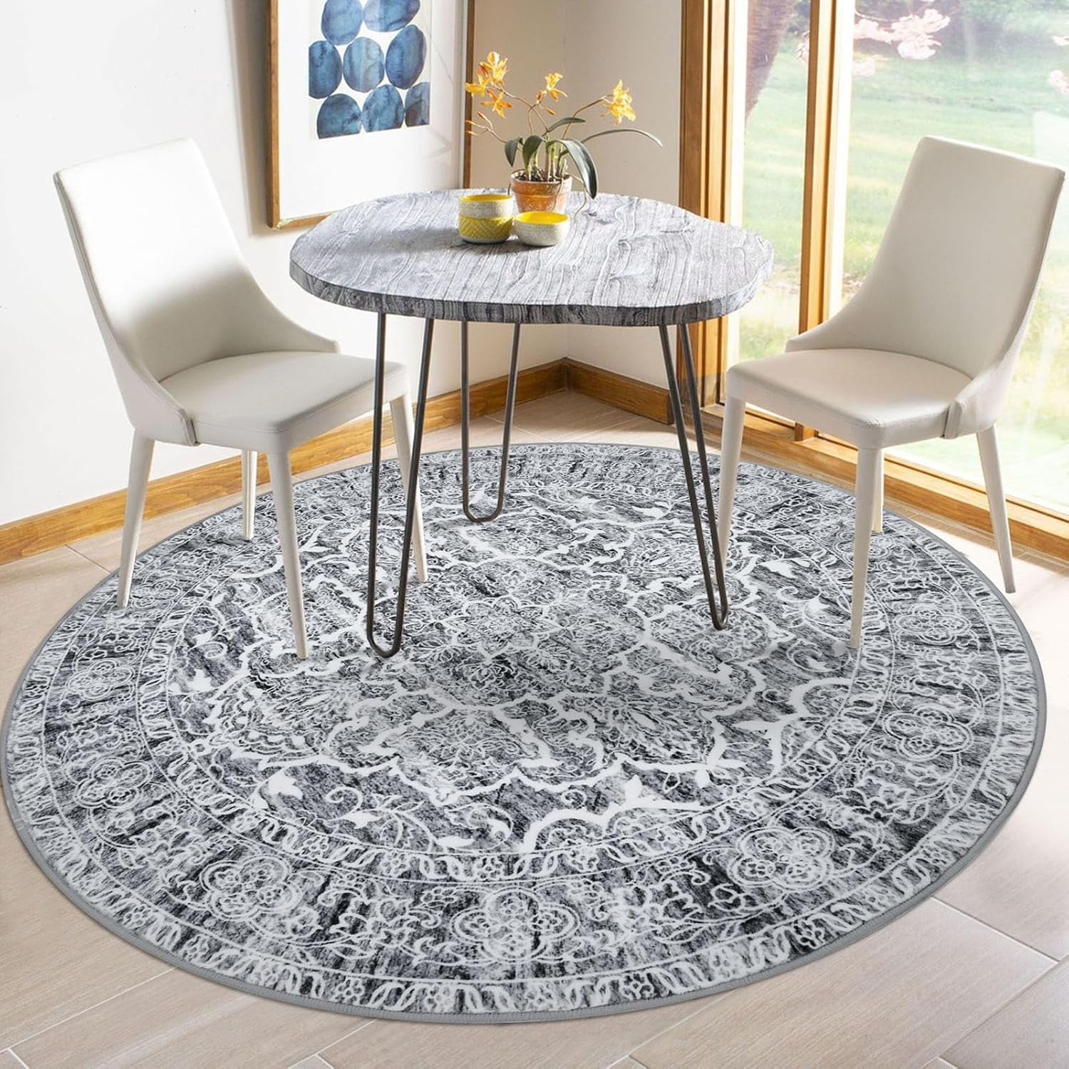 Oriental Round Rugs 5ft, Grey Blue White Round Washable Circle Rug 5ft ...