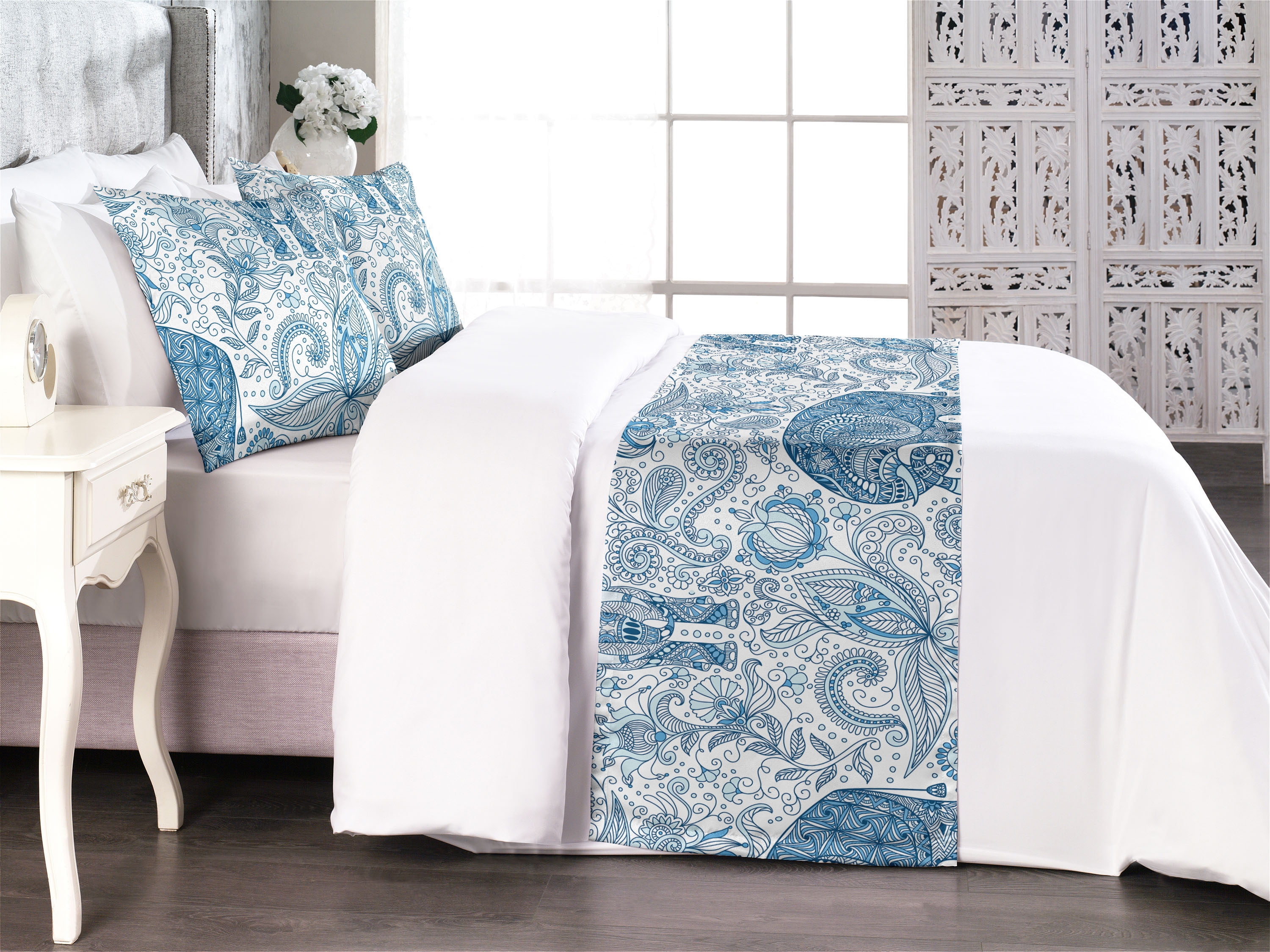 Oriental Vibes Bed Runner Set, Floral Design Bohemian Elephant Pattern ...