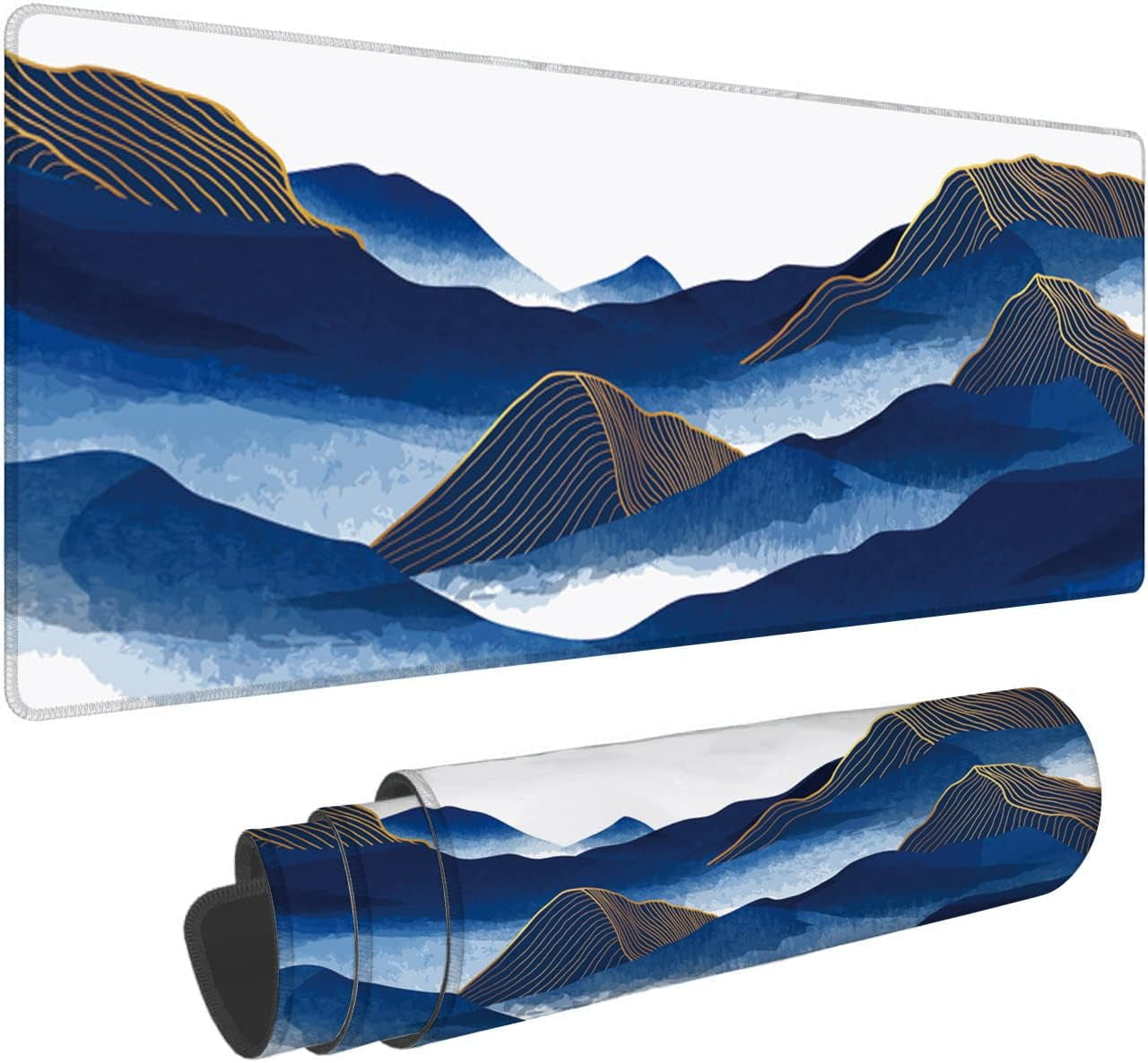 Oriental Watercolor Blue Mountain and Golden Line Gaming Mouse Pad ...
