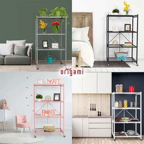 Origami 4 Tier Folding Shelves, Storage Shelving Rack Unit with Wheels ...