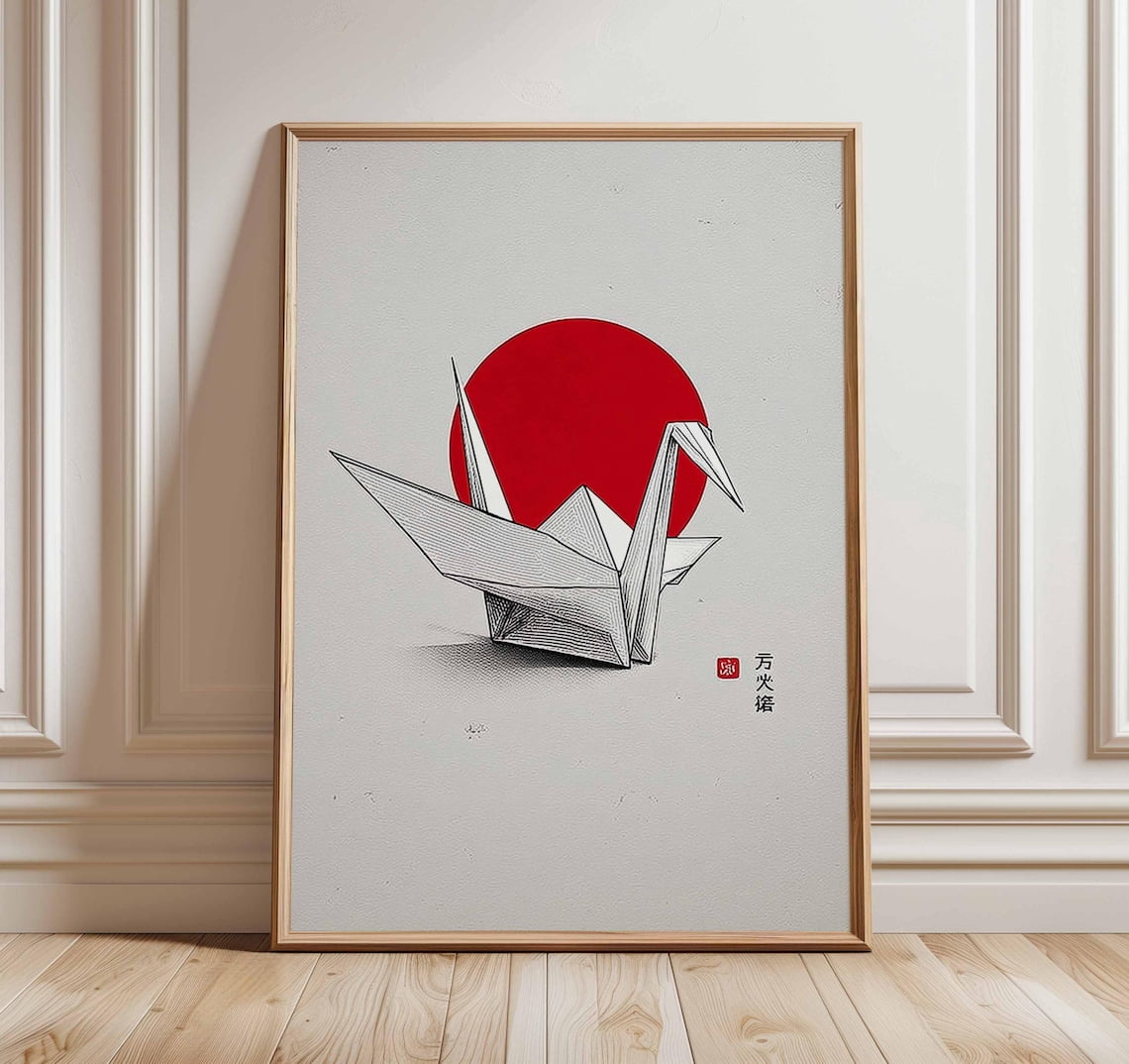 Origami Crane Japanese Minimalist Red Sun Paper Bird Print, Stretched ...