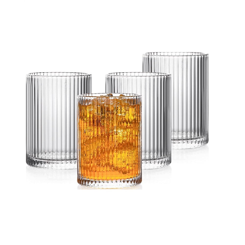 Origami Style 4 pcs Glass Cups, Ribbed Glasses, 10oz Highball Glasses ...