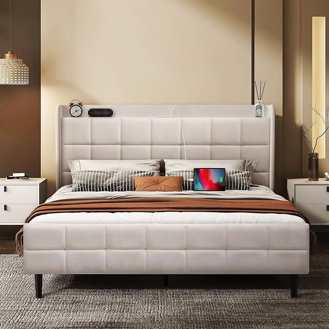 Origeture High Full Size Bed Frame with USB, Type-C Ports, Velvet ...