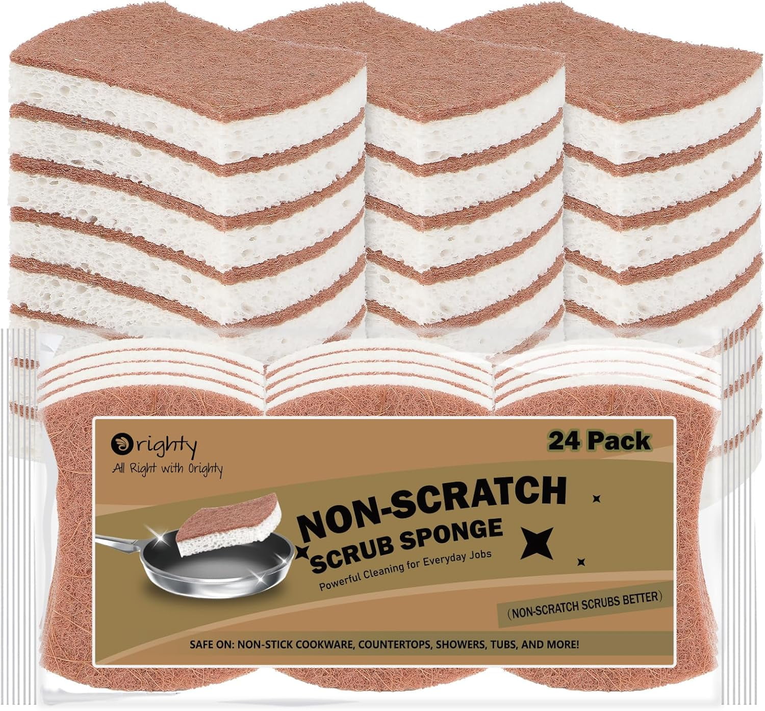 Orighty Non-Scratch Scrub Sponge, 24-Pack, Cellulose Kitchen Scrubber ...