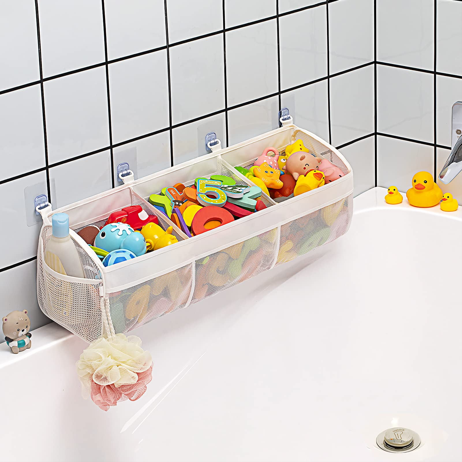 Original 3 Compartment Horizontal Large Openings Bath Toy Organizer for ...