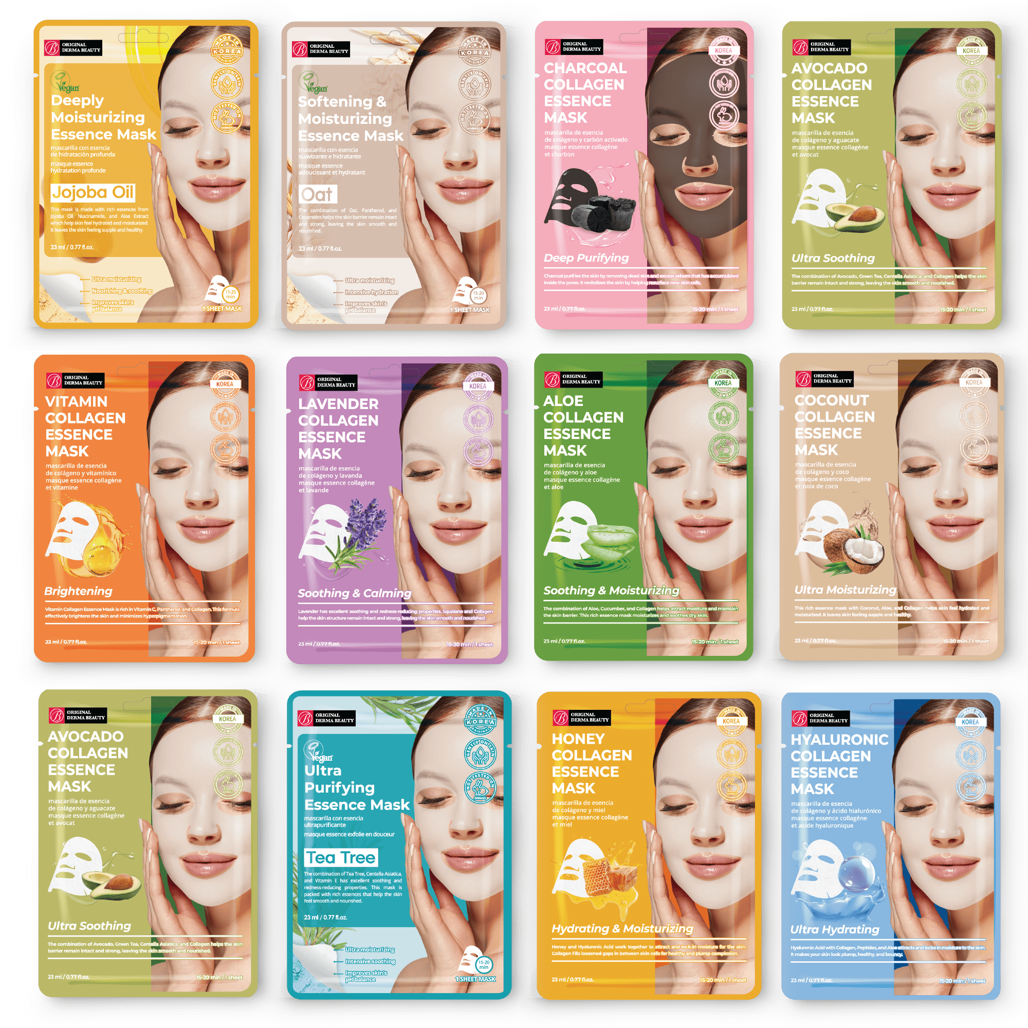 Original Derma Beauty 12 PK Collagen Essence Face Masks, Skincare for ...
