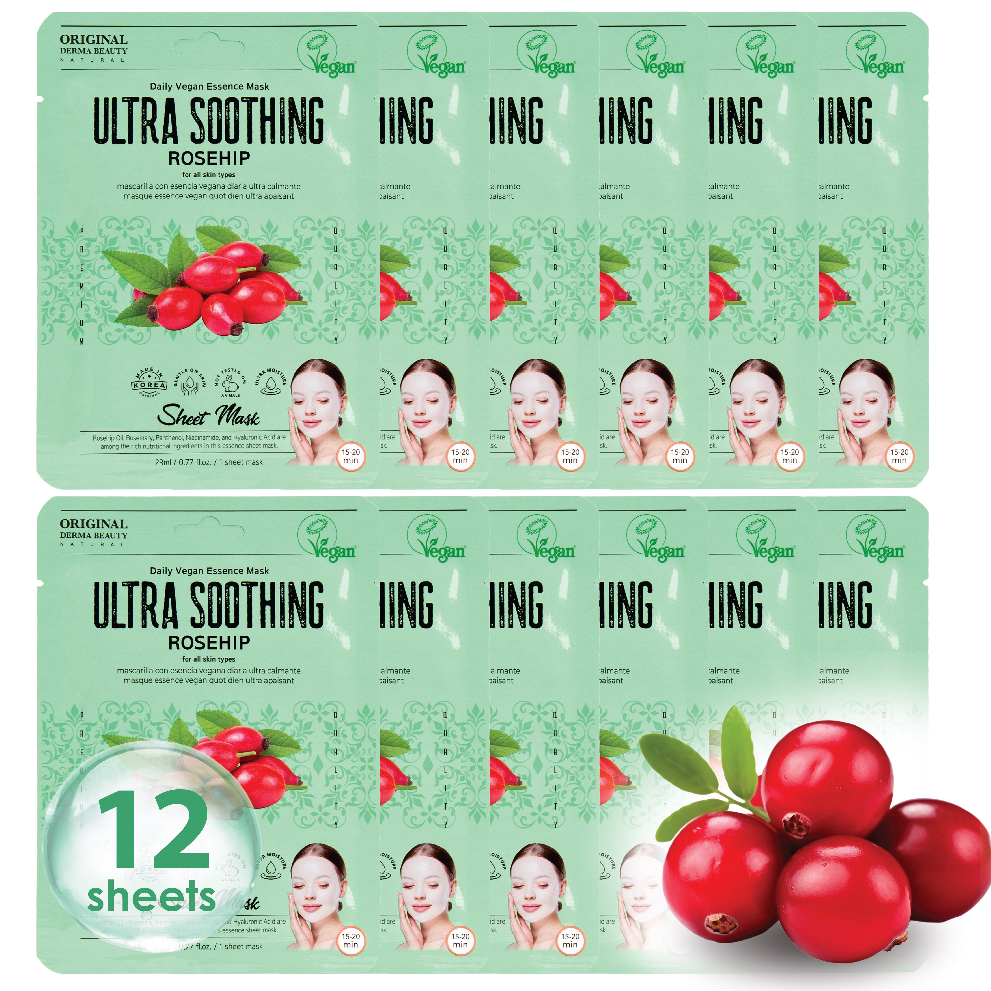 Original Derma Beauty 12 Pack Vegan Ultra Soothing Rosehip Essecne Mask ...