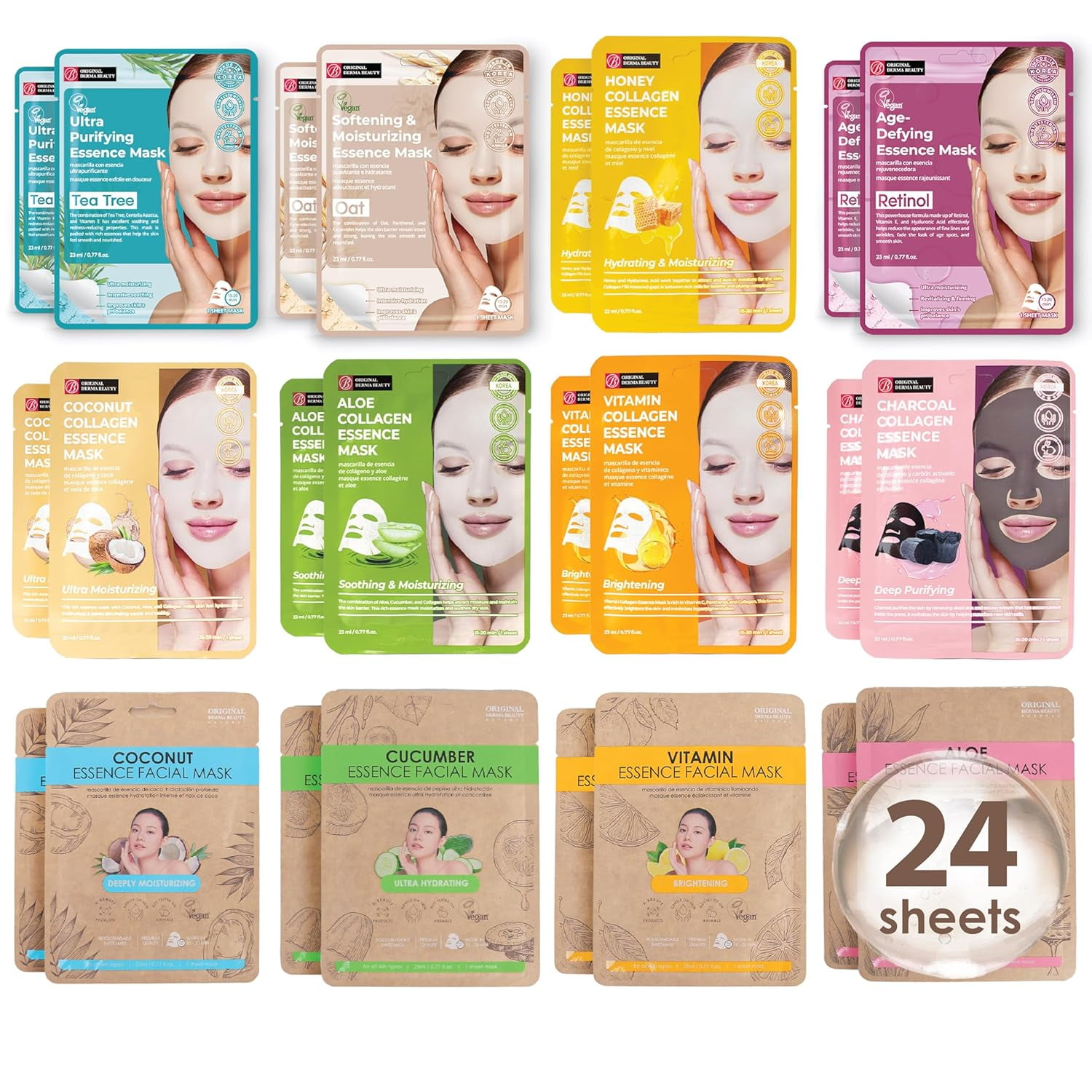 Original Derma Beauty 24PK Facial Sheet Mask for Dry Skin, Face Masks ...