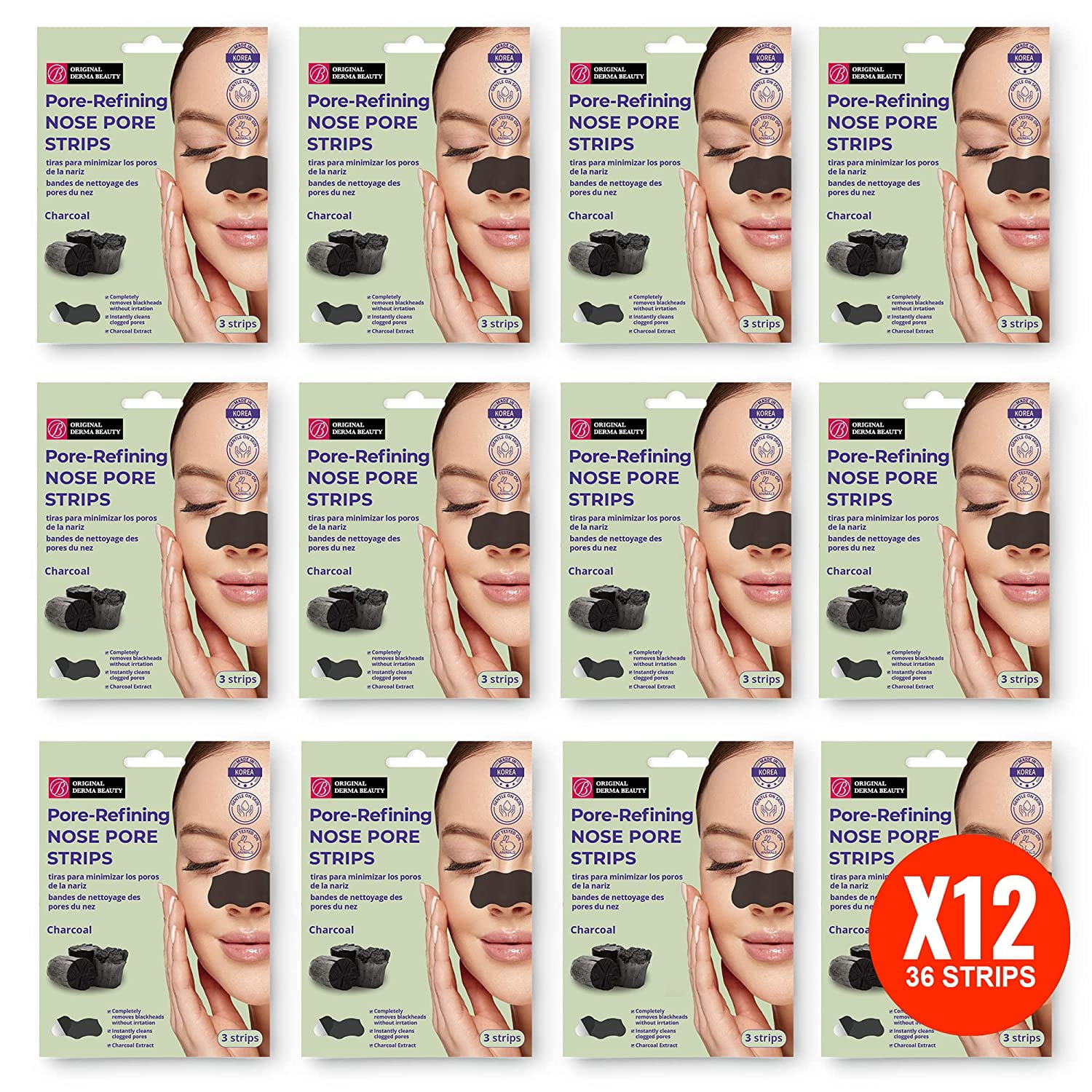 Original Derma Beauty 36 Strips Pore-Refining Charcoal Nose Pore Strips ...