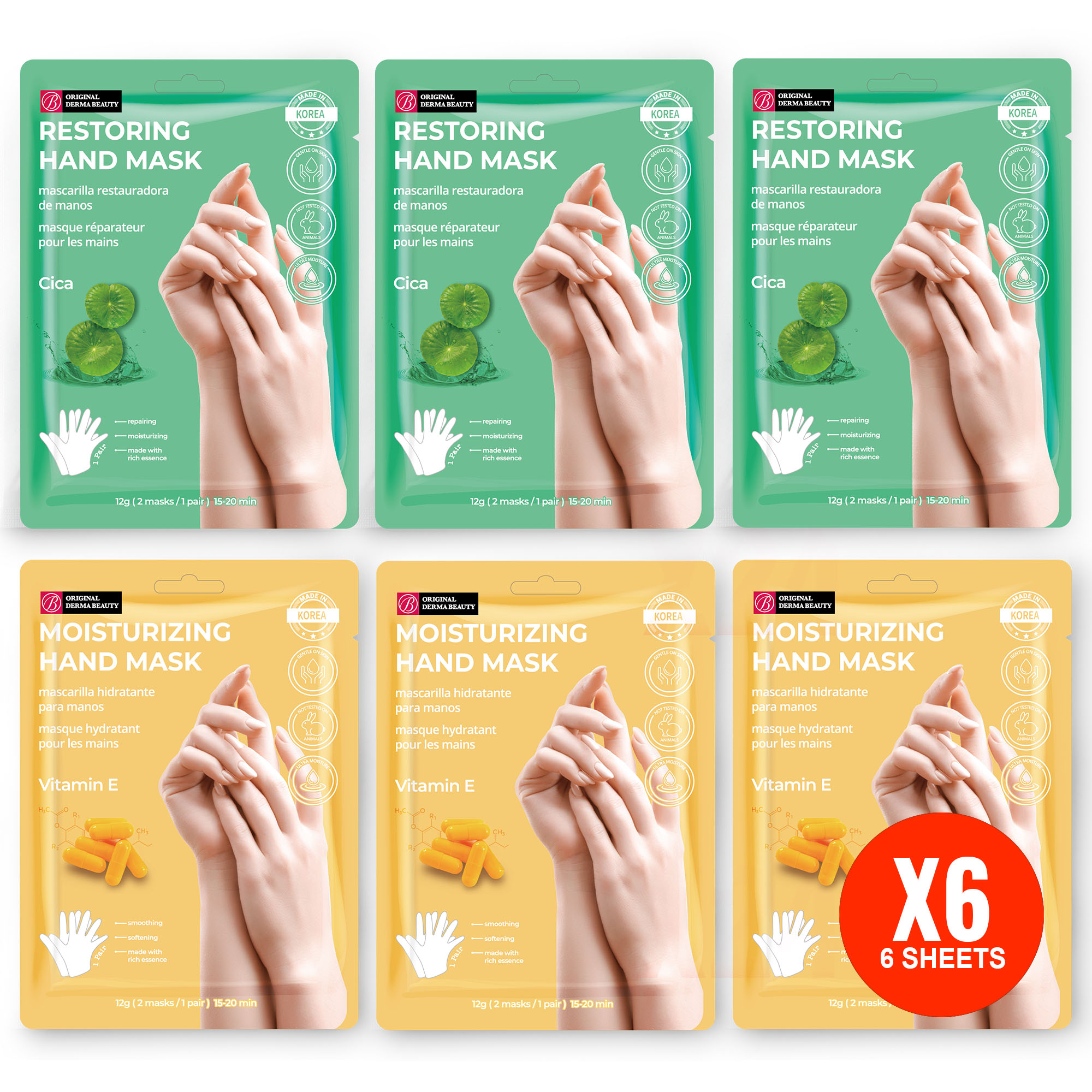Original Derma Beauty 6PK Cica + Vitamin E Hand Mask for Dry Hand Dry ...