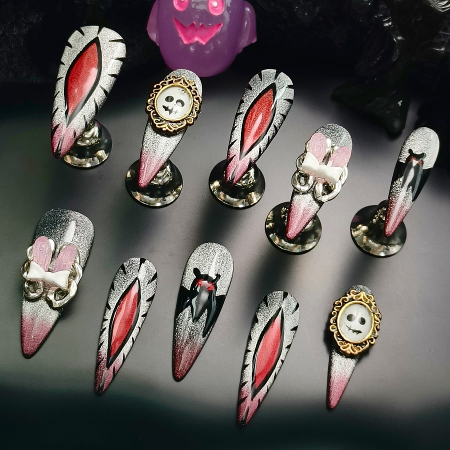 Original Gothic-Style Handmade Press-On Nails - Bat/Skull Long Stiletto ...