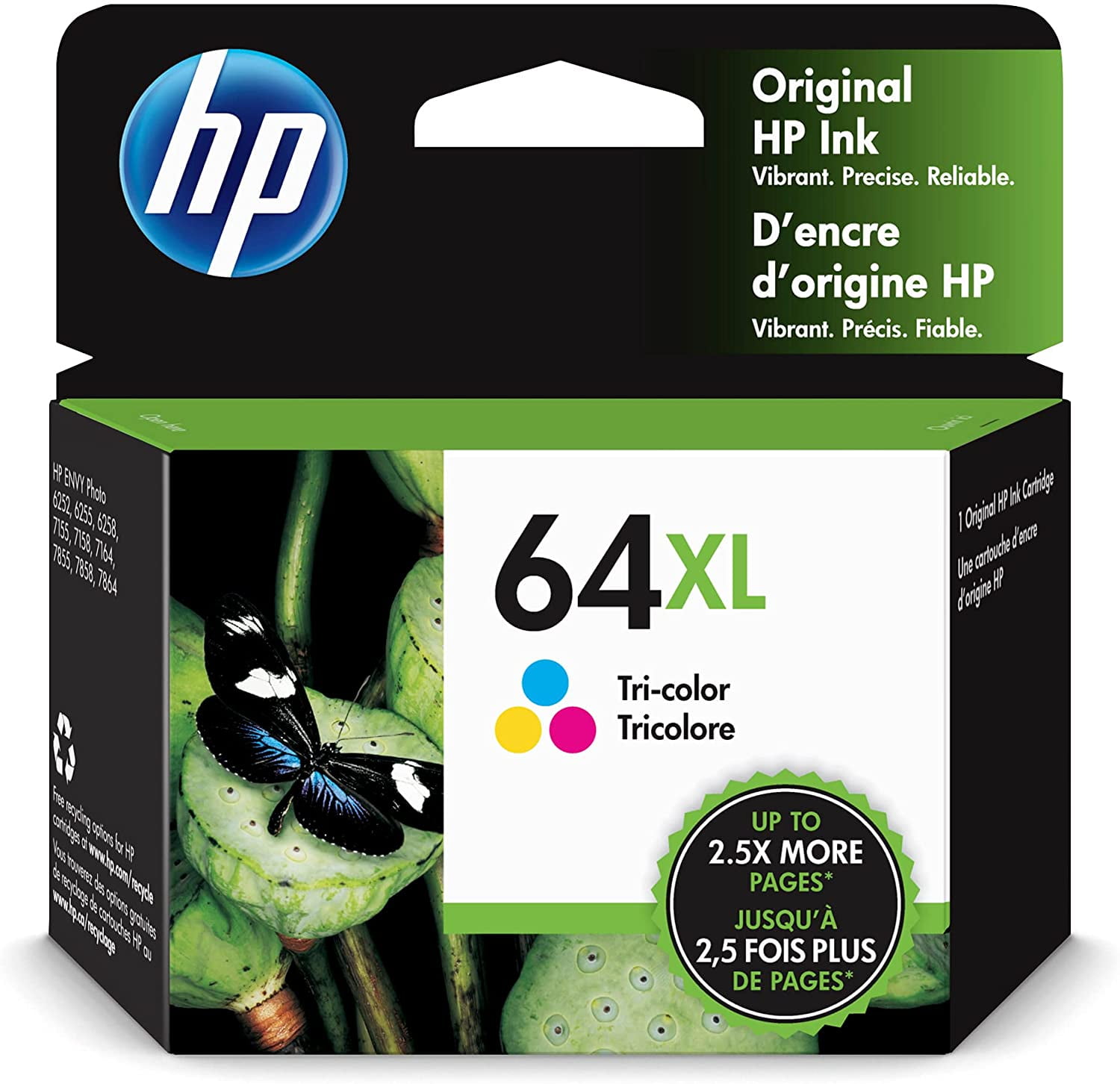 HP 64XL Tri-Color Ink Cartridge, Works with ENVY Photo Printers, Yields ...