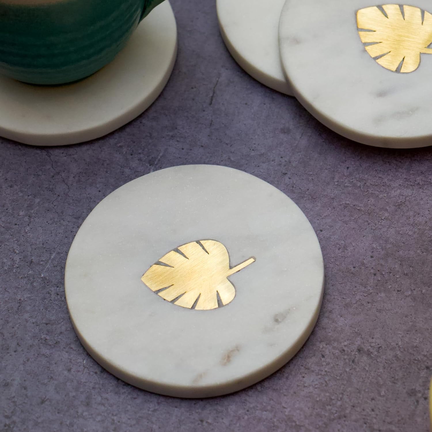Original Makrana Single Leaf Marble Brass Inlay Coasters | Artisan ...