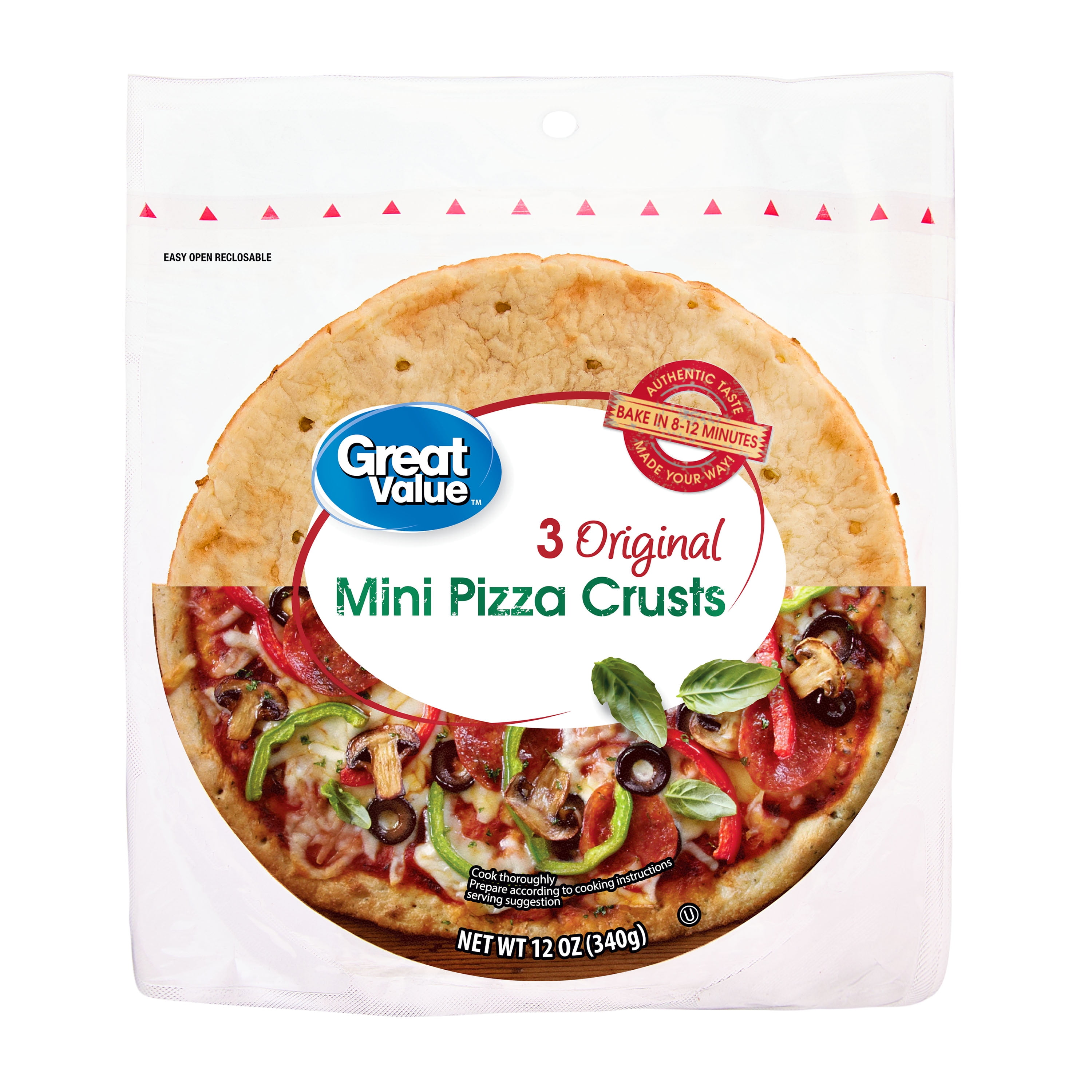 Great Value Mini Pizza Crusts, 12 oz, 3 Count, Light Golden Texture ...